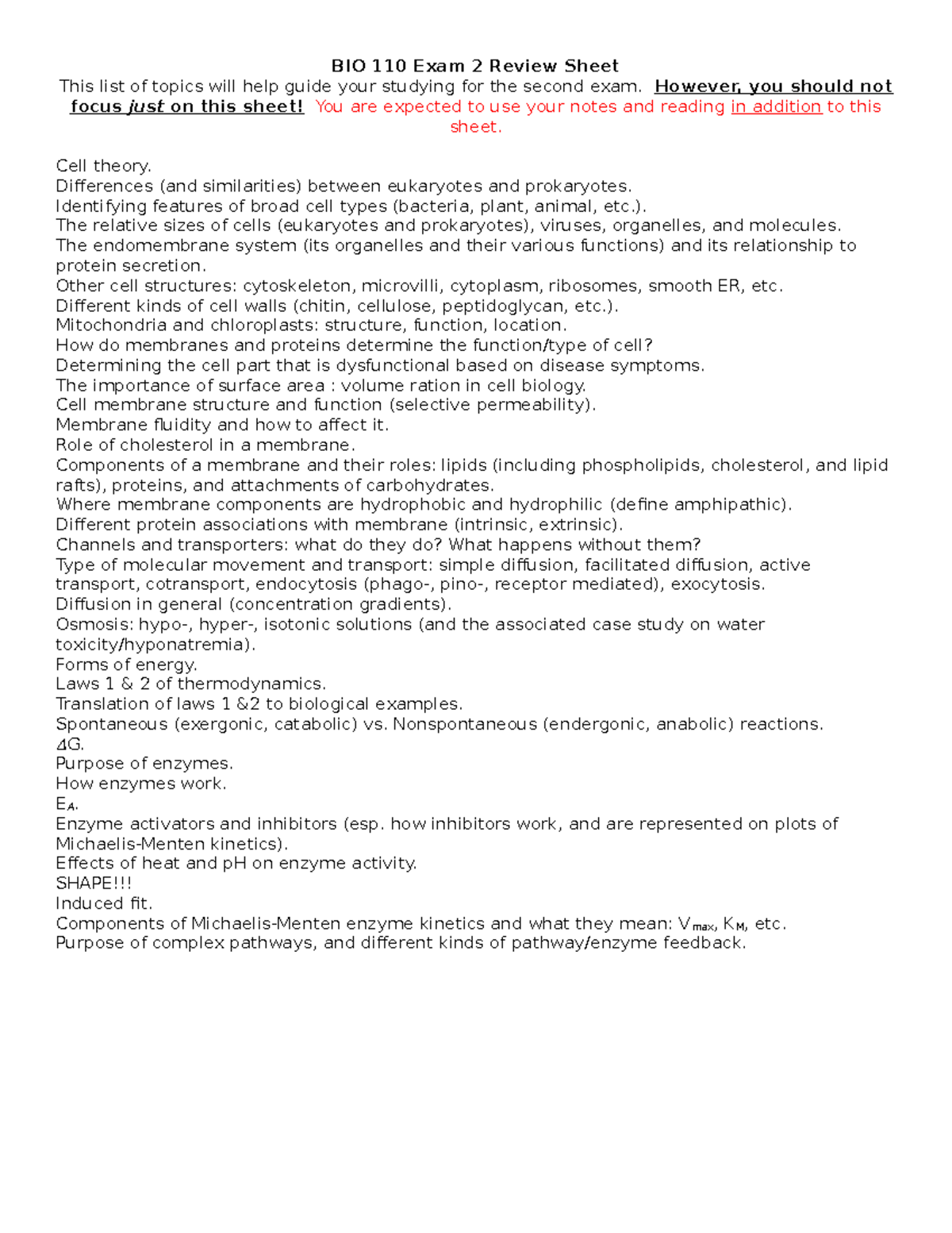 BIO 110 Exam 2 Review Topics - BIO 110 Exam 2 Review Sheet This list of ...