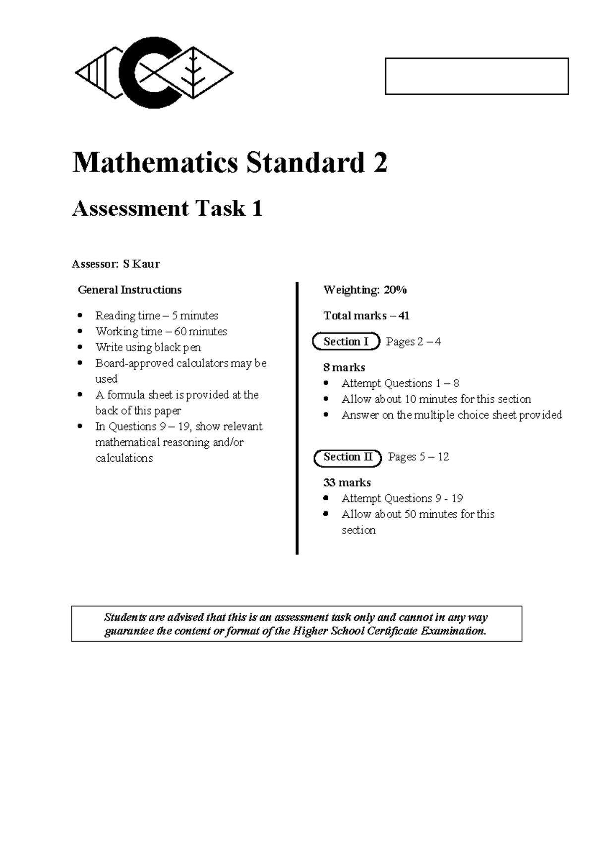 2022 - Yr 12 Mathematics Standard 2 Assessment Task 1 2022 Final ...
