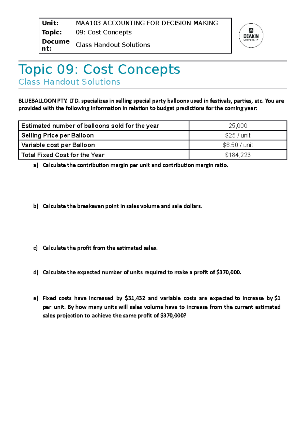 MAA103 Topic 9 - Class Activity Solutions - Unit: MAA103 ACCOUNTING FOR ...
