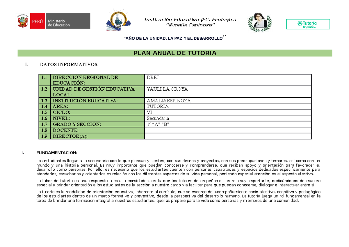 P A Tutoria 1 Año Año De La Unidad La Paz Y El Desarrollo Plan