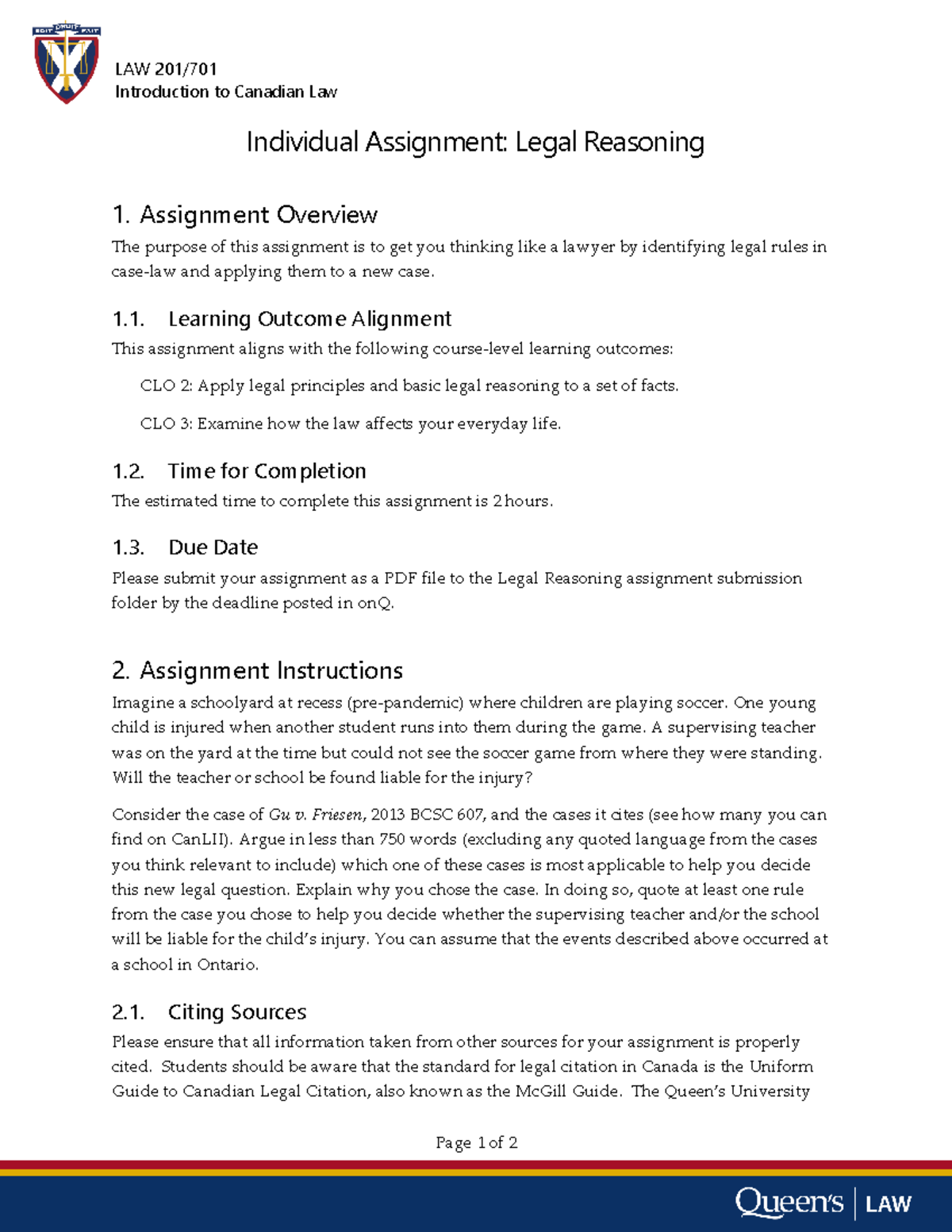 LAW201 Assignment Legal Reasoning - LAW 201/ Introduction to Canadian ...