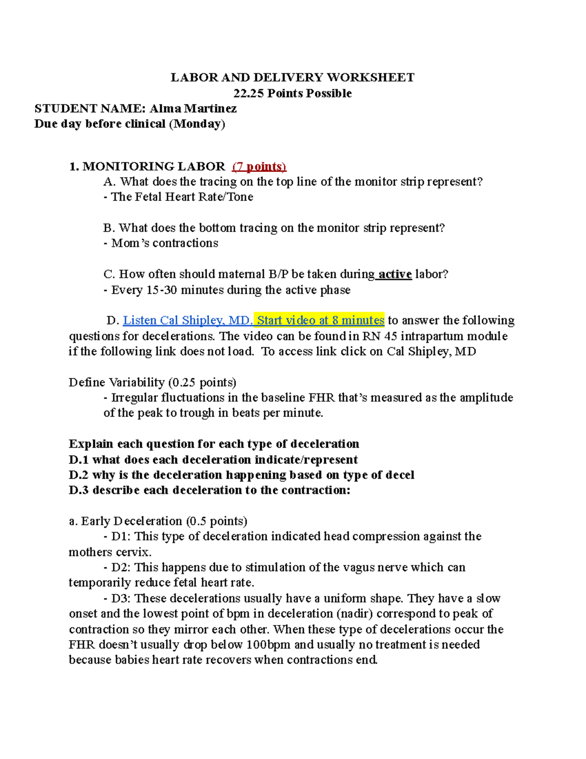 L&D Assignment - LABOR AND DELIVERY WORKSHEET 22 Points Possible ...
