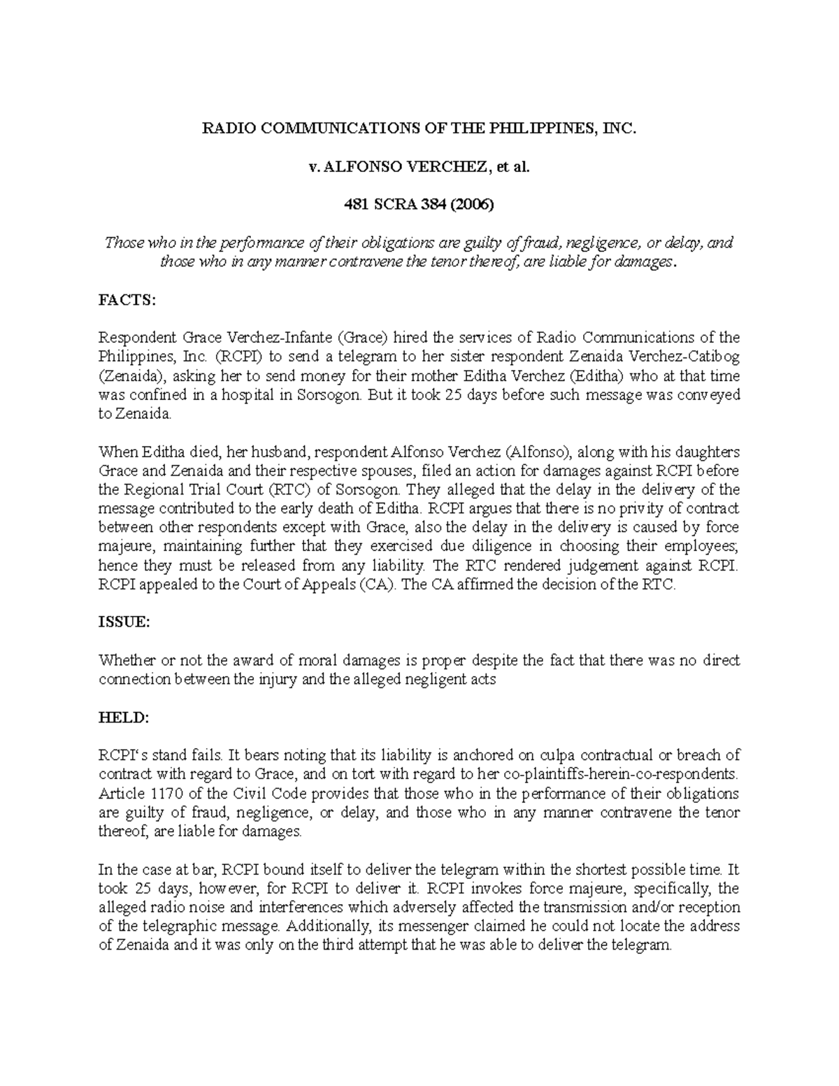 Case Digest - RCPI vs Verchez - RADIO COMMUNICATIONS OF THE PHILIPPINES, INC. v. ALFONSO VERCHEZ ...