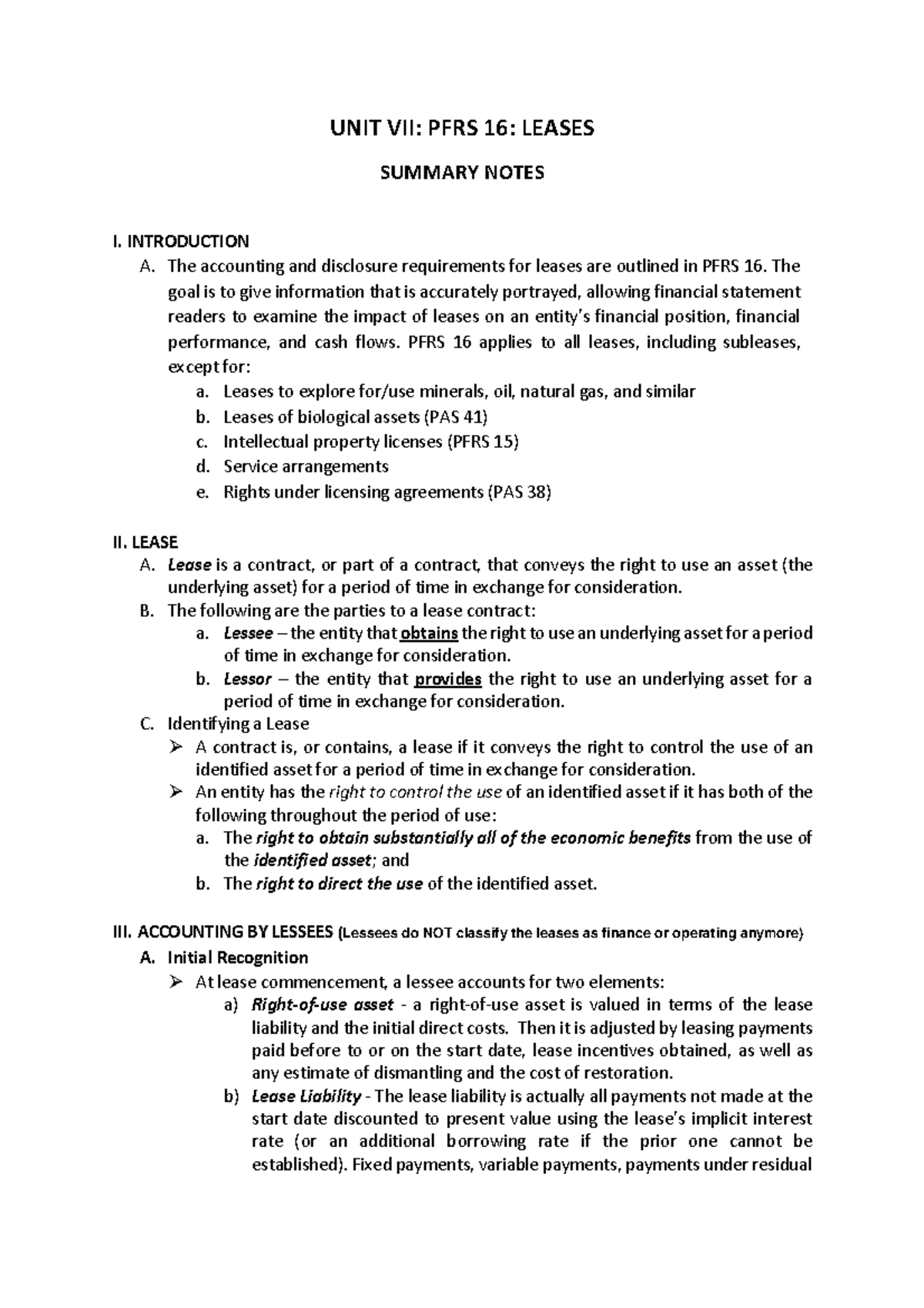 PFRS 16 Miral UNIT 7 Summary Notes - UNIT VII: PFRS 16: LEASES SUMMARY ...