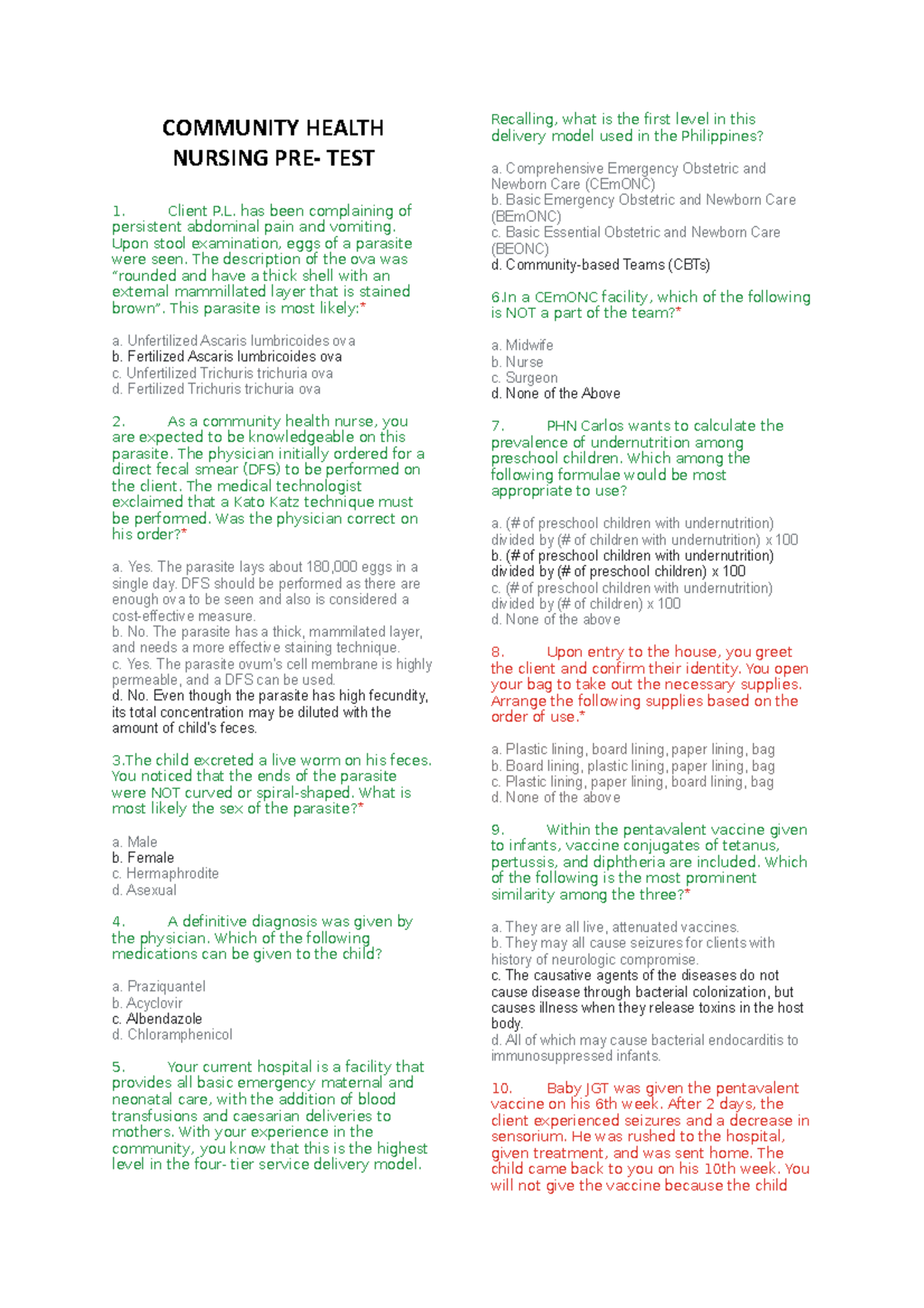 Community Health Nursing PRE TEST - COMMUNITY HEALTH NURSING PRE- TEST ...