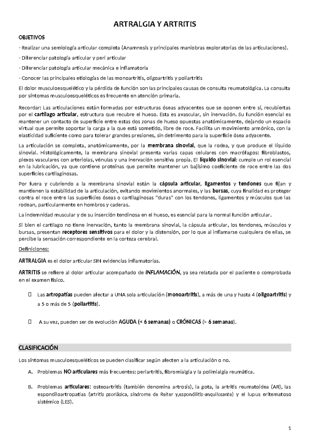 Resumen Artralgias y Artritis - ARTRALGIA Y ARTRITIS OBJETIVOS ...