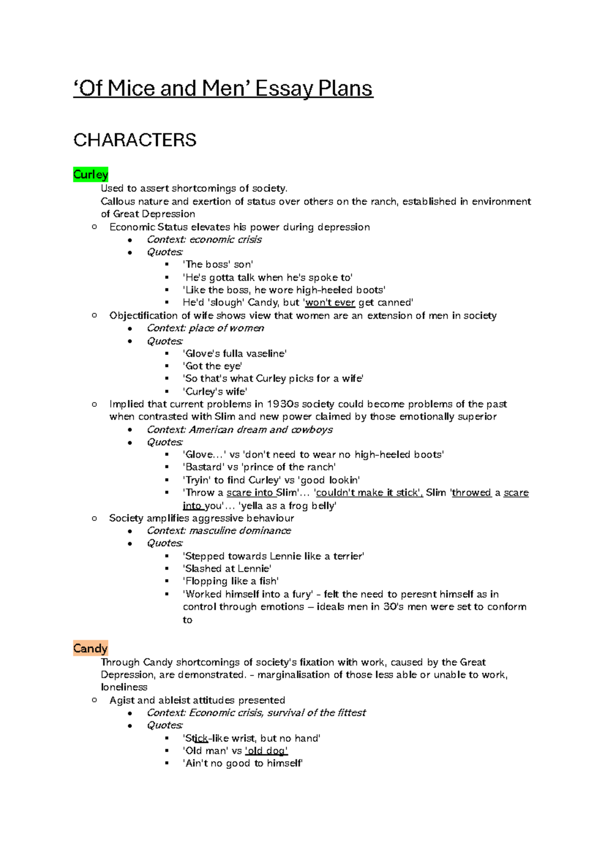 OMAM-essay-plans - OMAM ESSAY PLANS IGCSE - ‘Of Mice and Men’ Essay ...