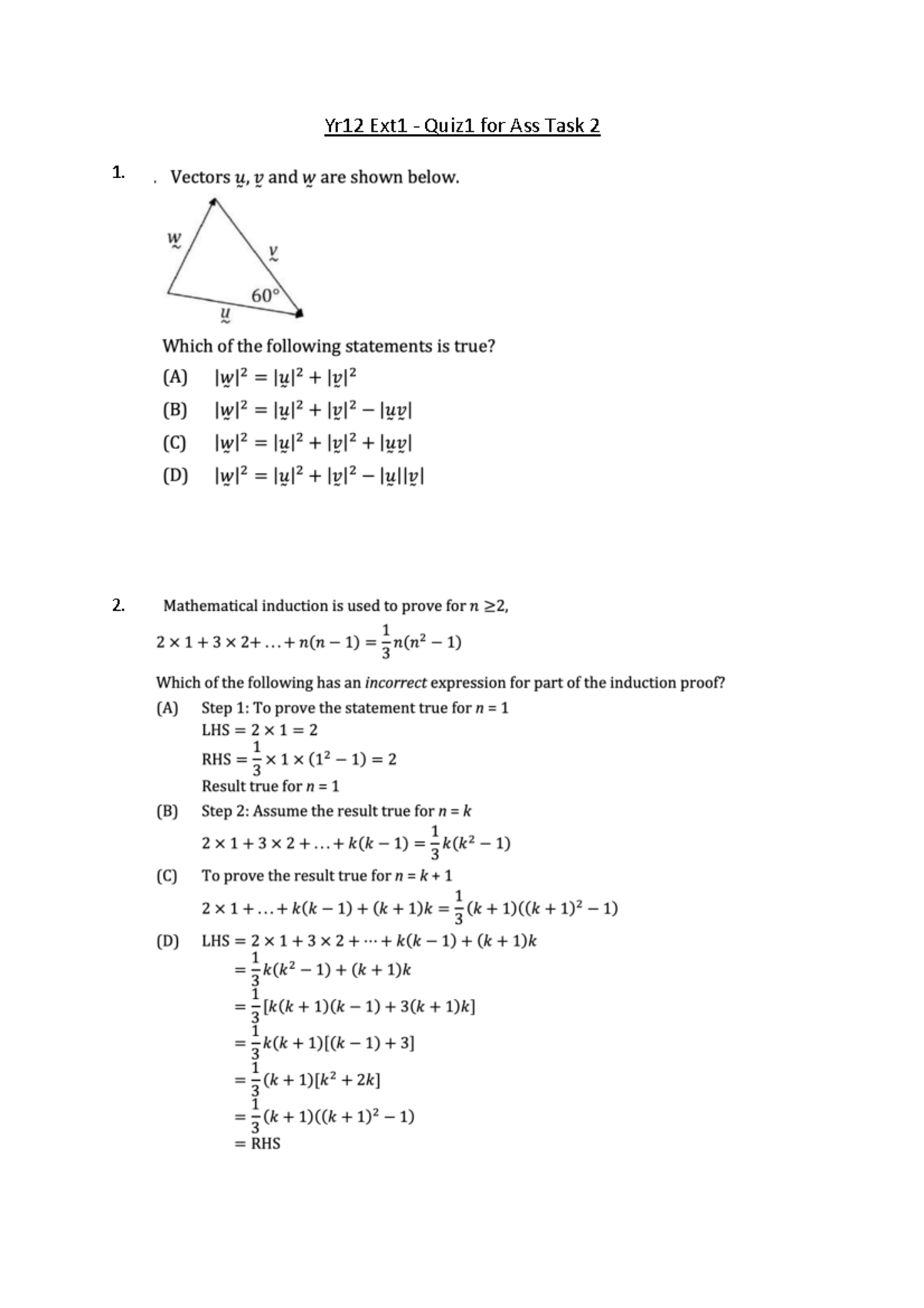 Quiz 1 - Quiz for trig, induction and vectors - Yr12 Ext1 - Quiz1 for Ass Task 2 1. 2. - Studocu
