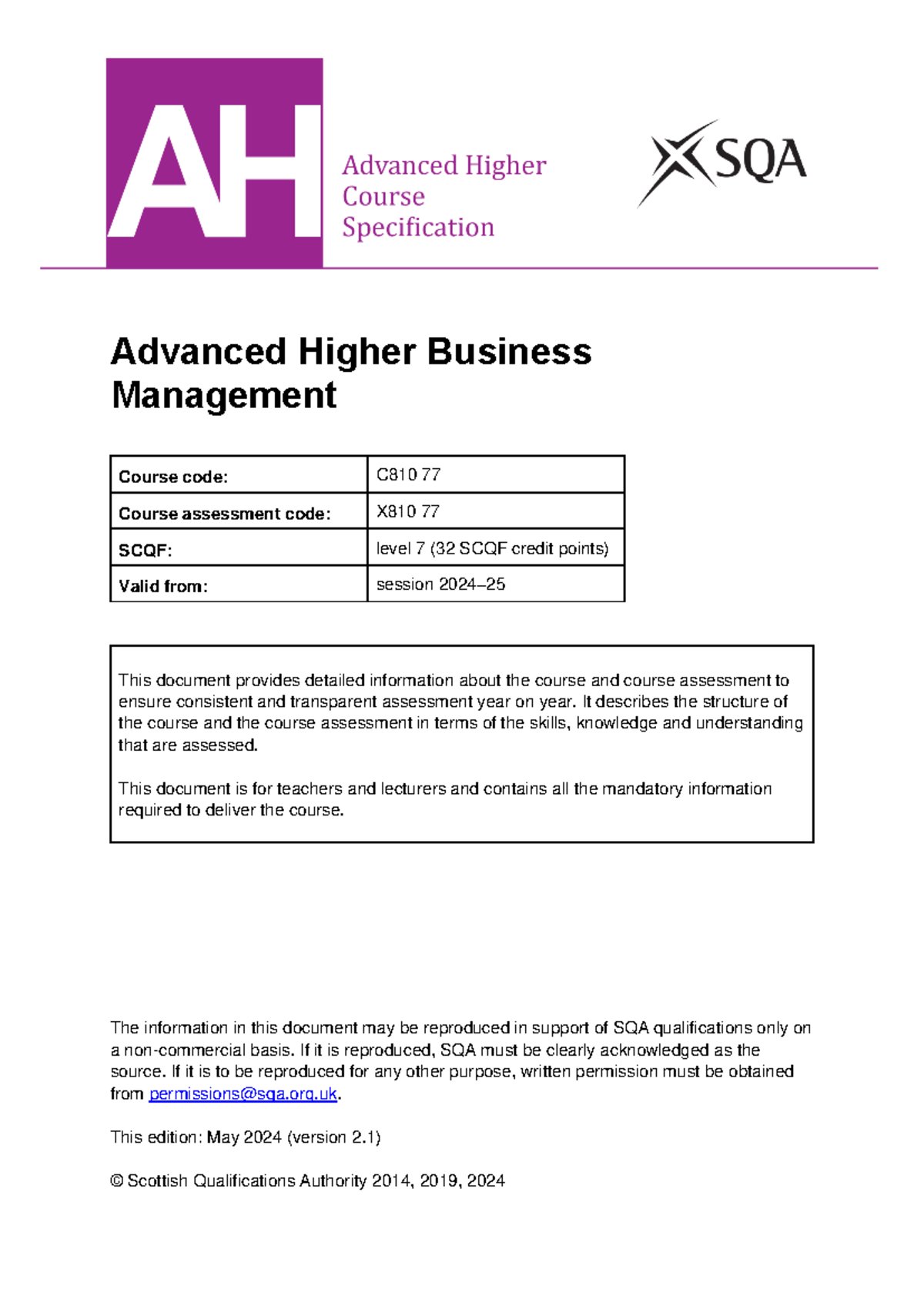 Ah course spec business management - Advanced Higher Business ...