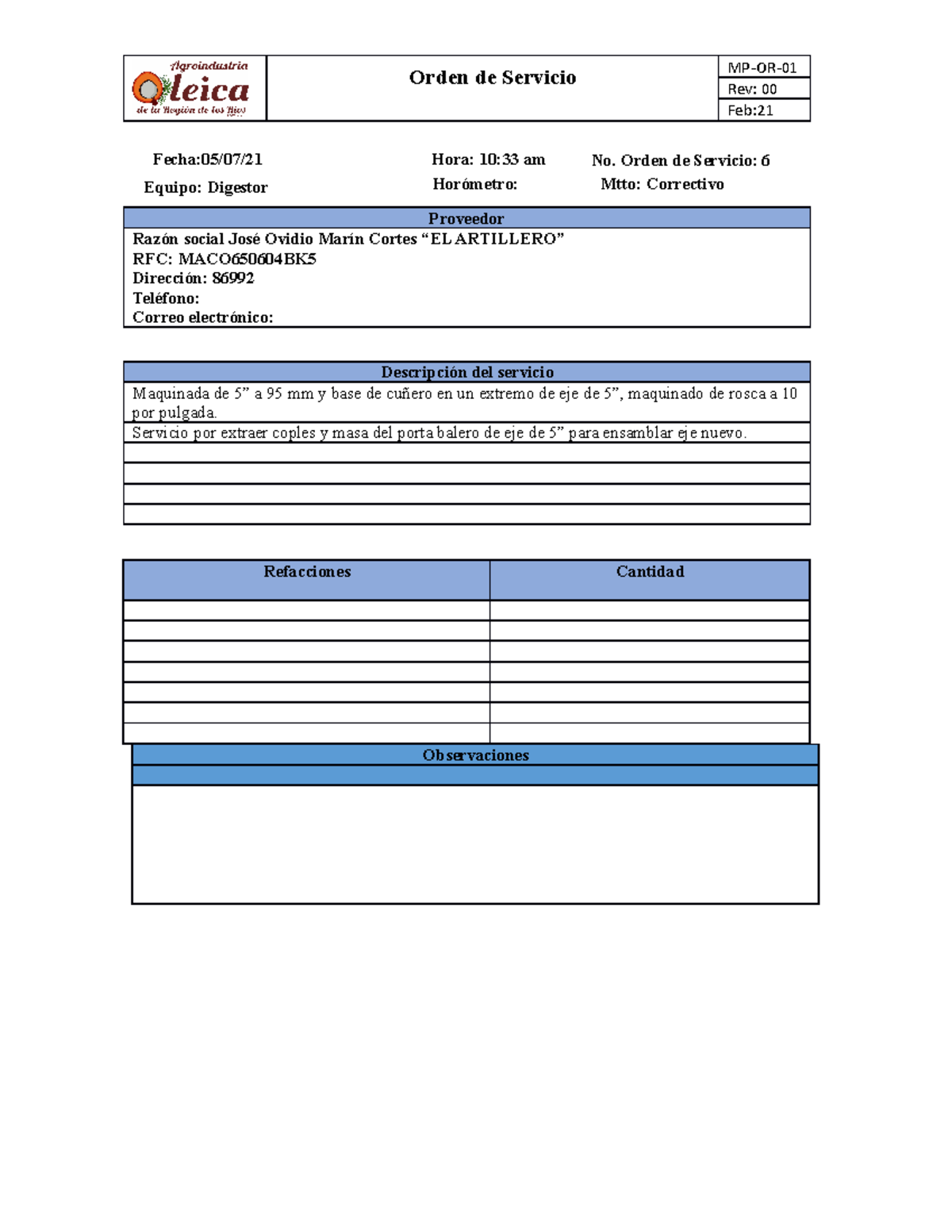 Orden de servicio - TRABAJO - Orden de Servicio MP-OR- Rev: 00 Feb: Proveedor Razón social José ...