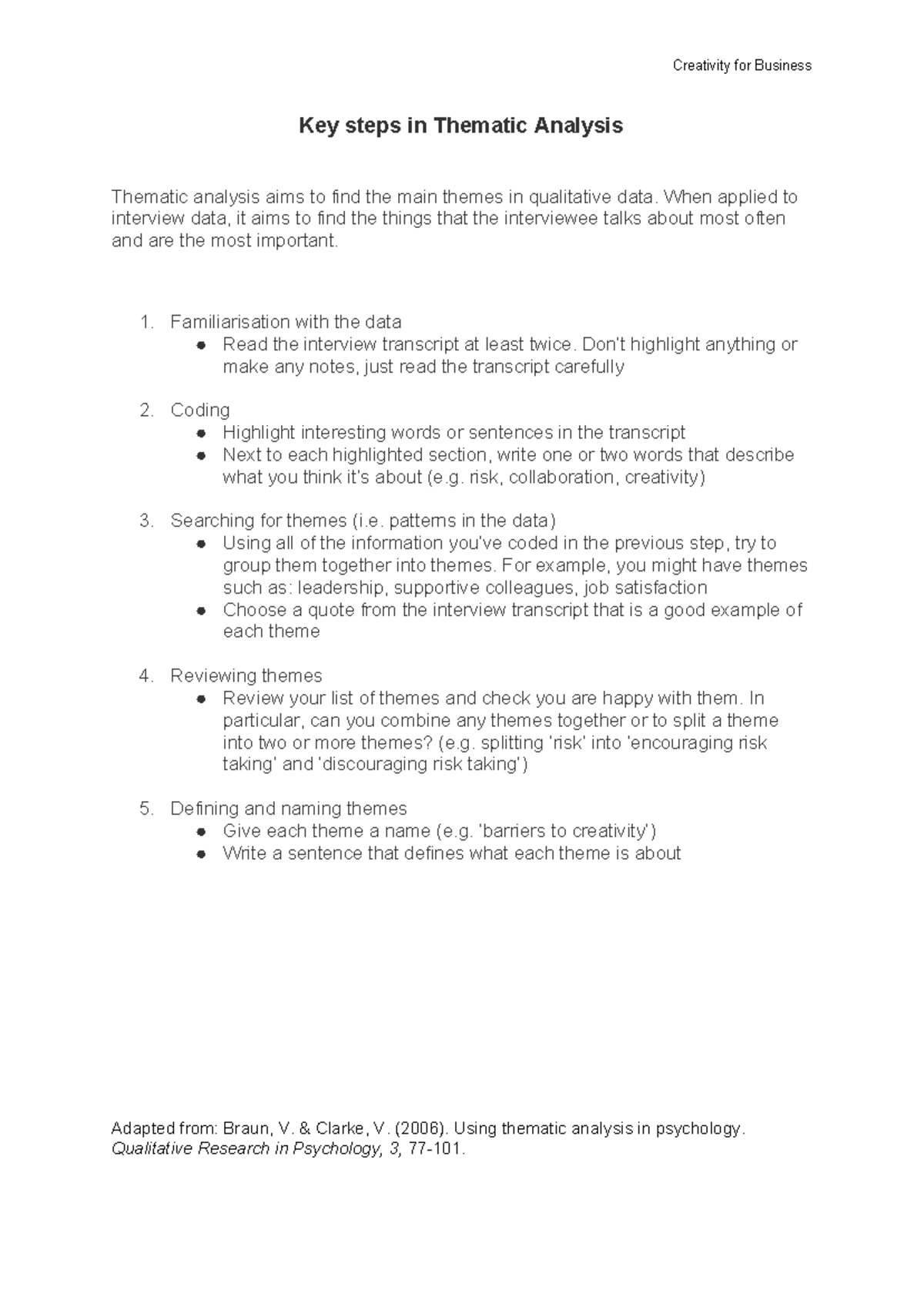 Thematic analysis handout - Creativity for Business Key steps in ...