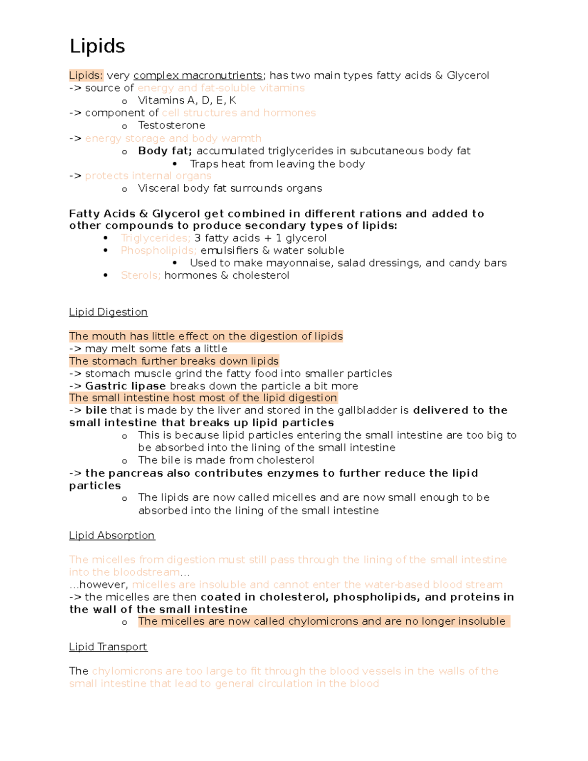Lipids Notes - Lipids Lipids: very complex macronutrients; has two main ...
