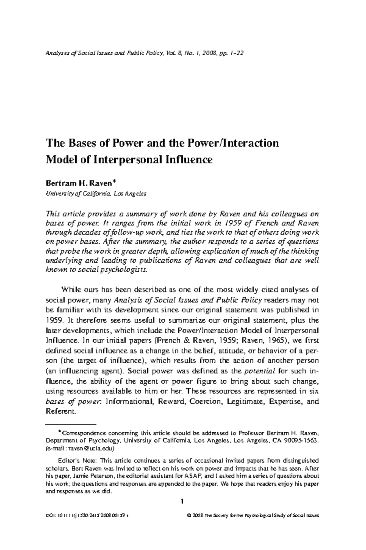 The Bases of Power and the Power Interaction TASK 1 - Analyses of ...