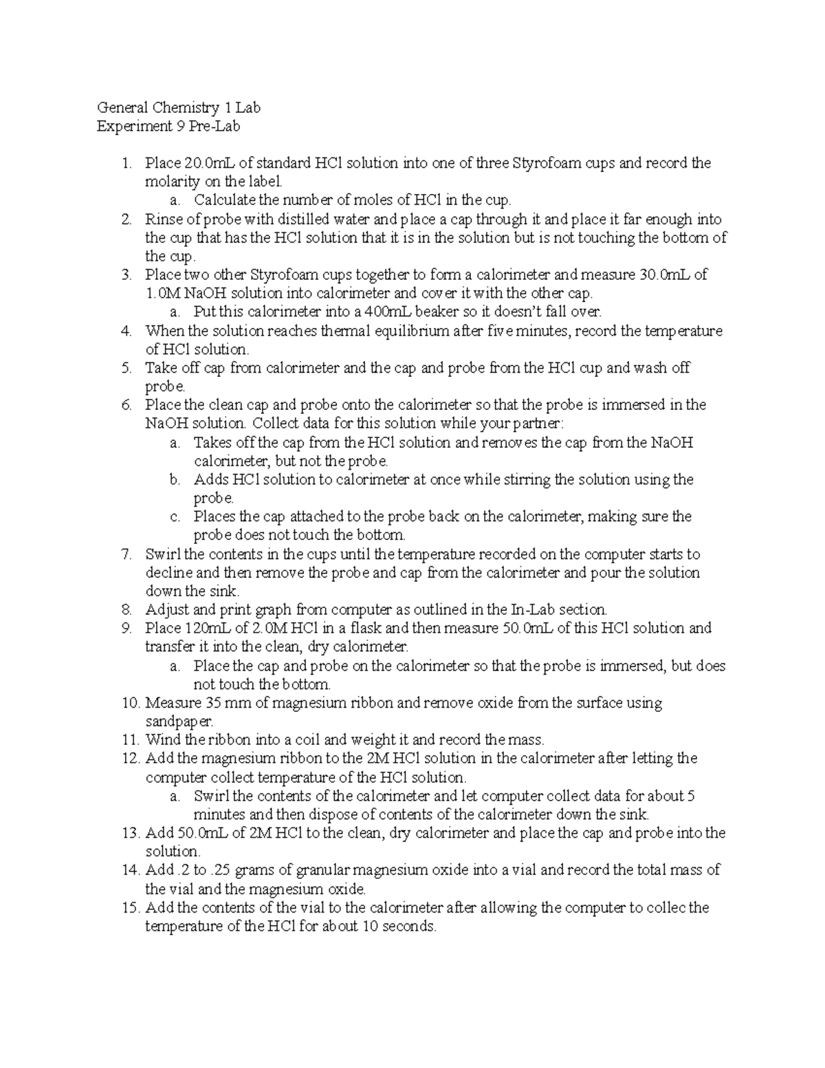 GenChem Experiment 9 Pre-Lab - General Chemistry 1 Lab Experiment 9 Pre ...