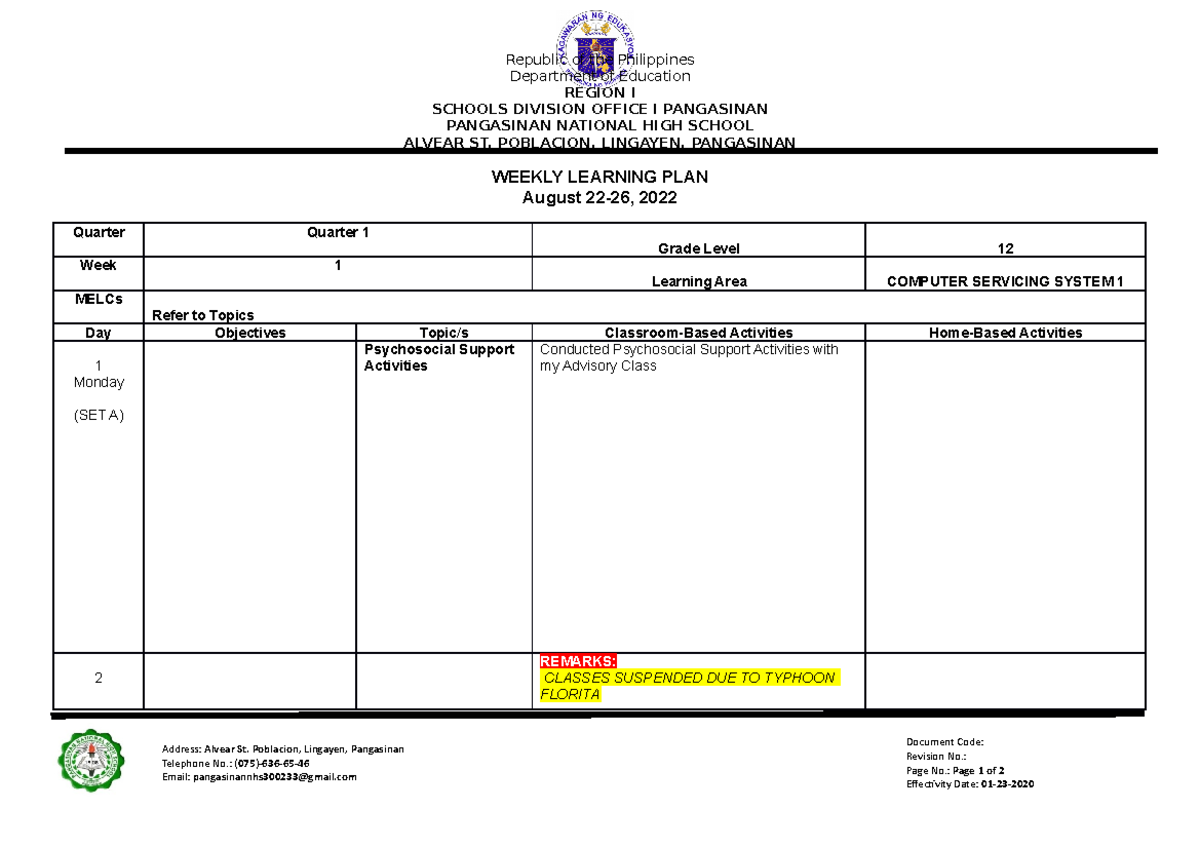 Weekly Learning Plan - Week 1- CSS - Republic of the Philippines ...