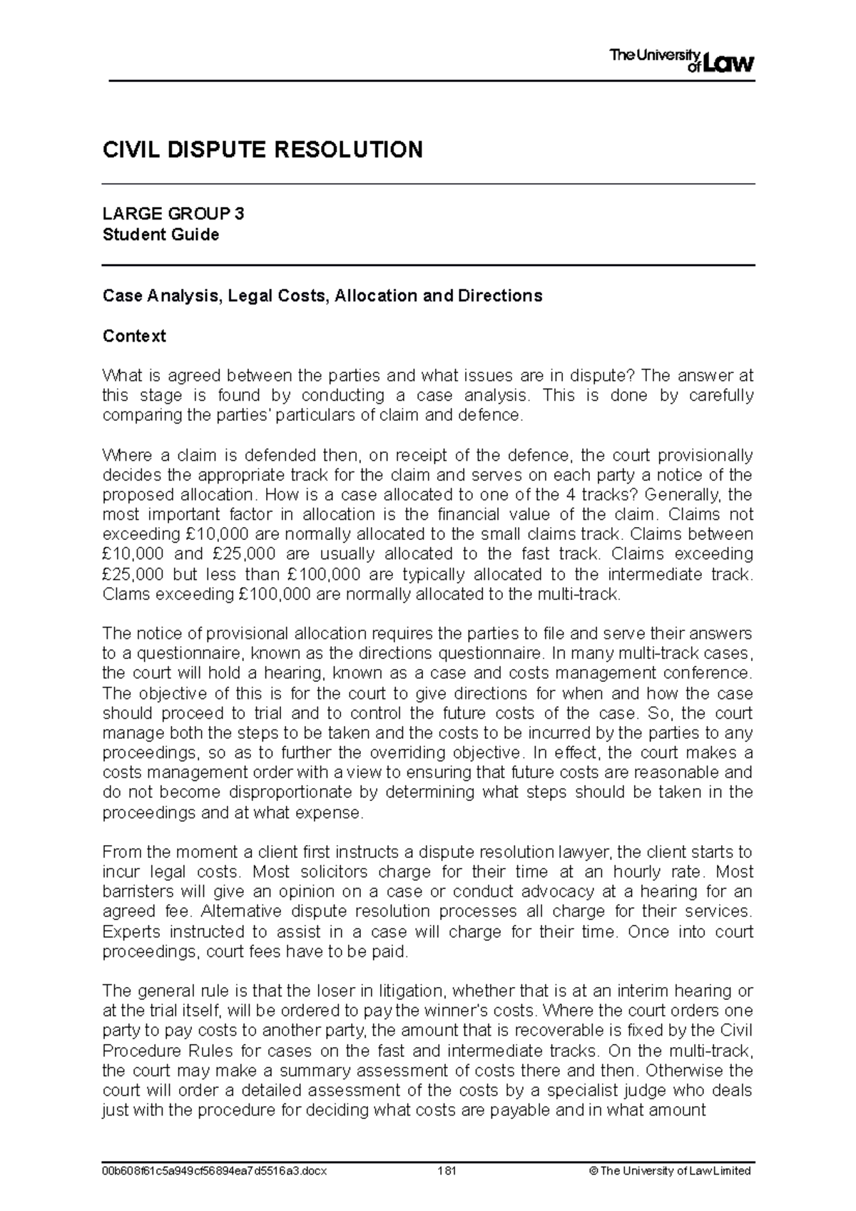 U3 - Case Analysis, Legal Costs, Allocation and Directions (Student ...