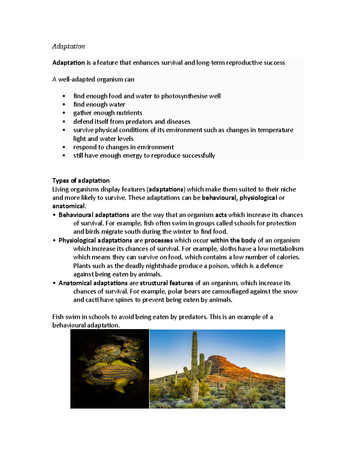 Adaptation - Alevels notes biology - Adaptation Adaptation is a feature ...