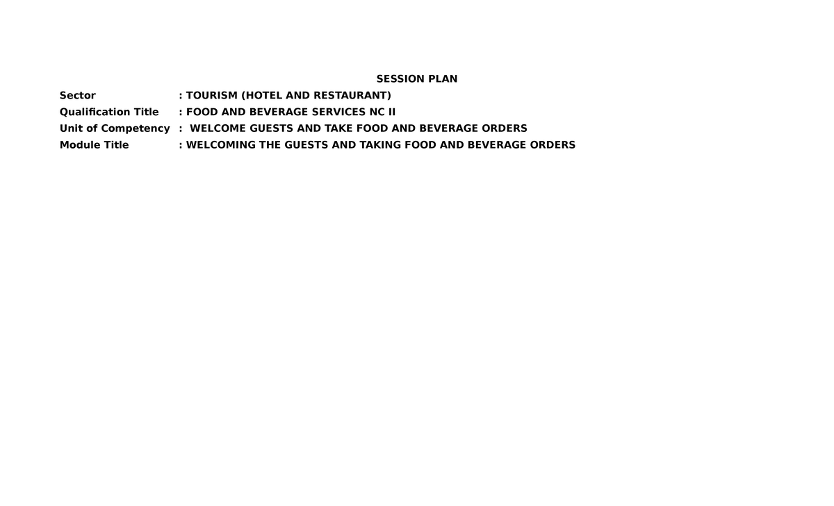 CORE 2 Session PLAN - hbnvb - SESSION PLAN Sector : TOURISM (HOTEL AND RESTAURANT) Qualification ...