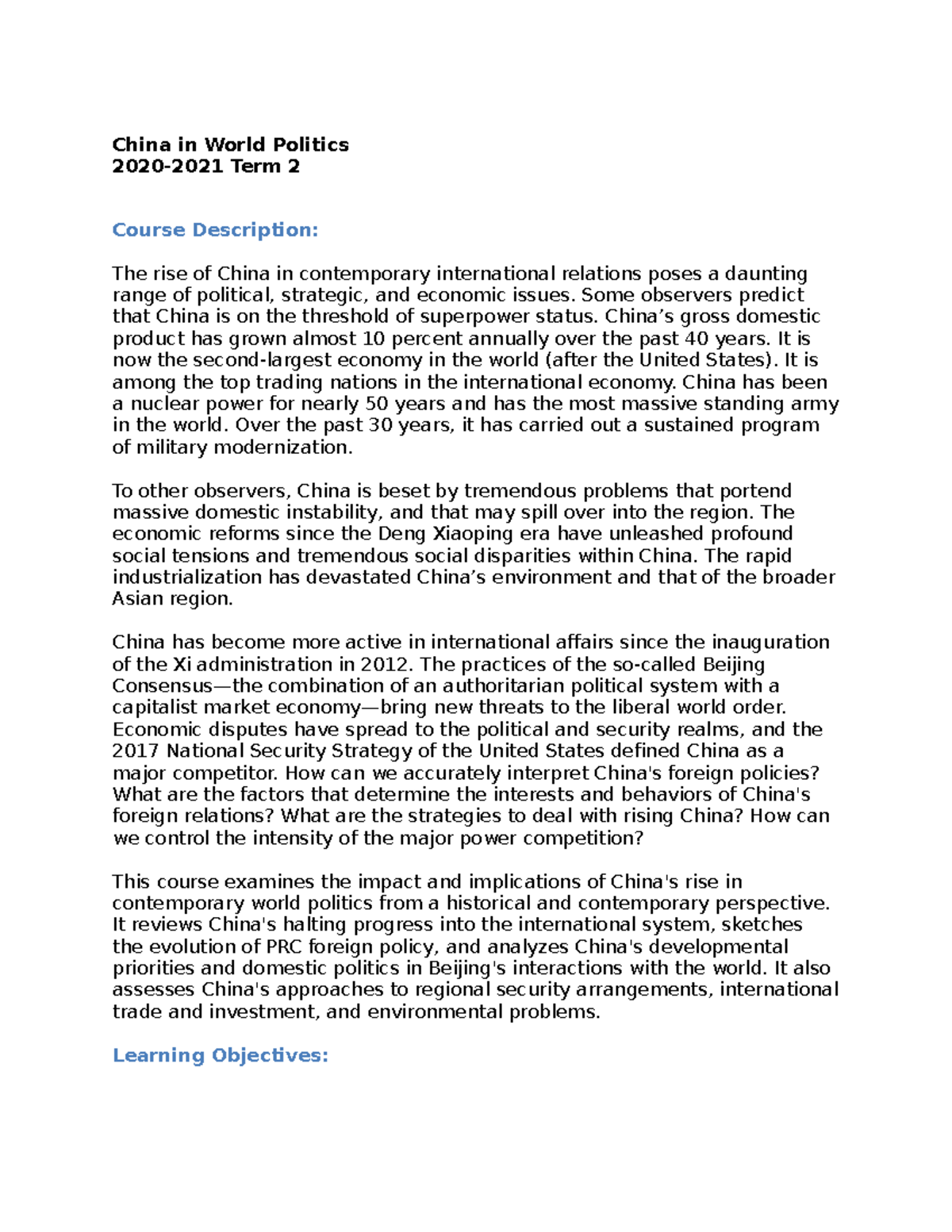 China in World Politics - China in World Politics 2020-2021 Term 2 ...
