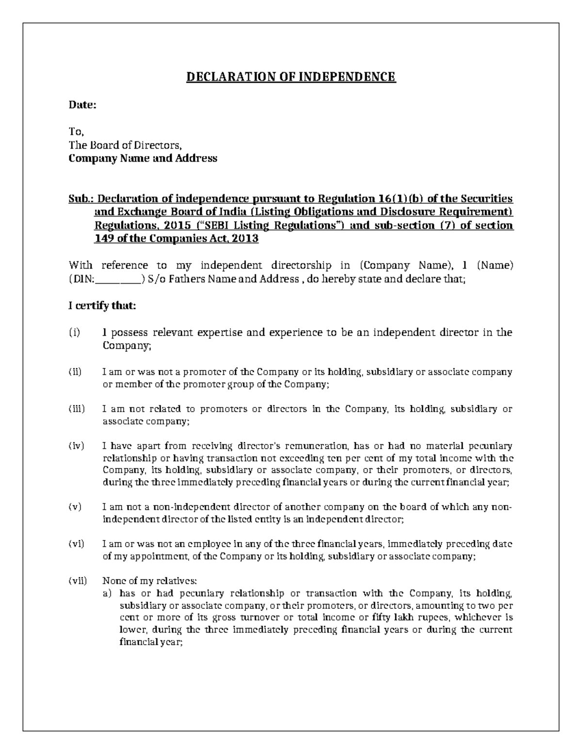 Declarations under Section 149 of the Companies Act, 2013 - DECLARATION ...