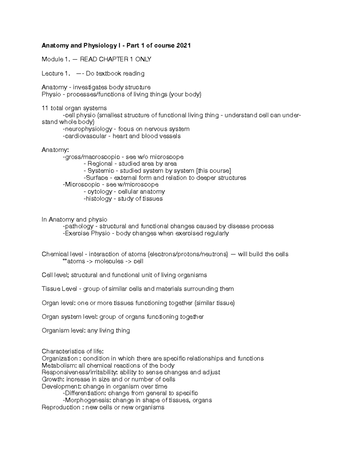 Anatomy and Physio I- Part1 of course 2021 - Anatomy and Physiology I ...