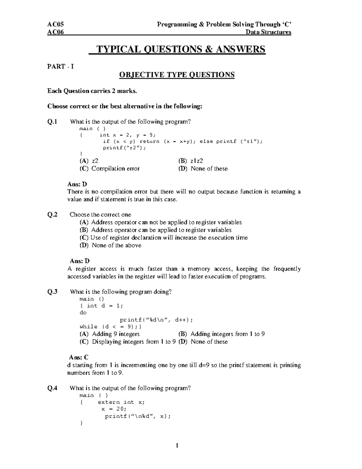 C questions and answer - notes - AC06 Data Structures TYPICAL QUESTIONS ...