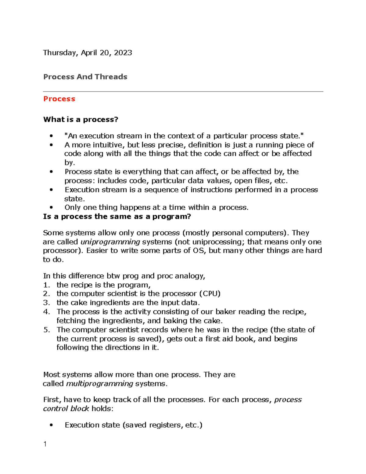 Process - Thursday, April 20, 2023 Process And Threads Process What is ...
