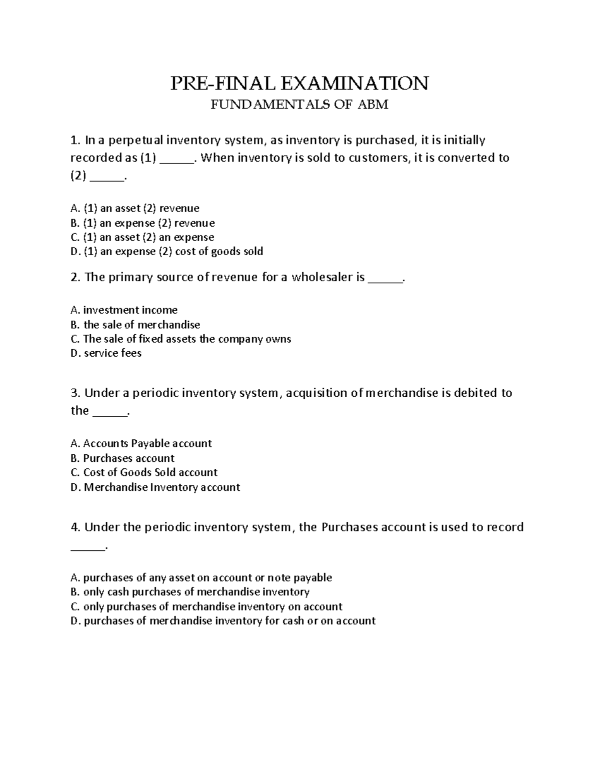 Fundamentals OF ABM Prefinal Examination - PRE-FINAL EXAMINATION ...