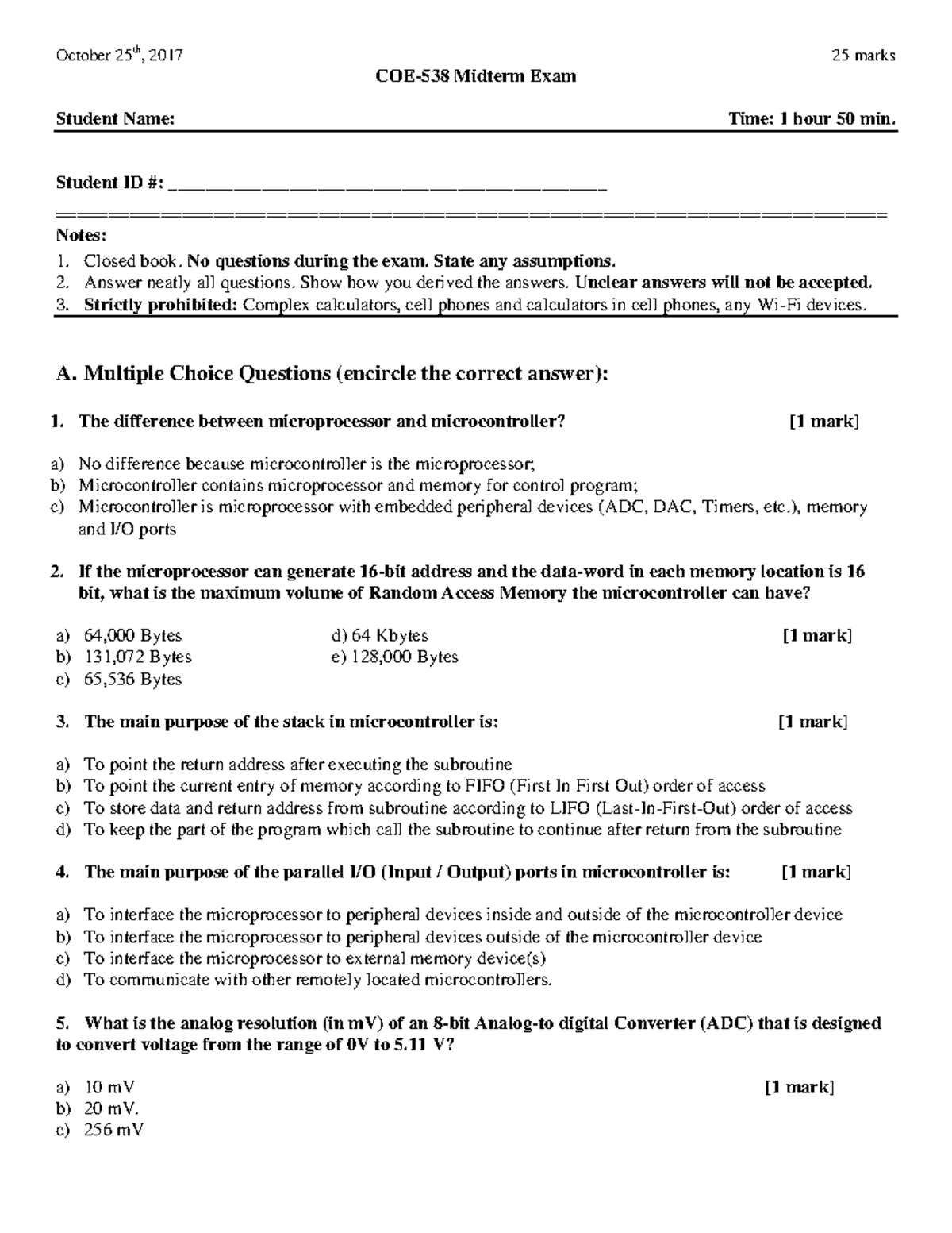 Sample of COE-538 midterm test - October 25th, 2017 25 marks COE-538 ...