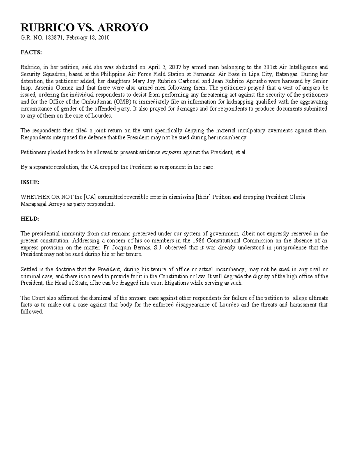 Rubrico vs. arroyo - Case Digest - RUBRICO VS. ARROYO G. NO. 183871, February 18, 2010 FACTS ...