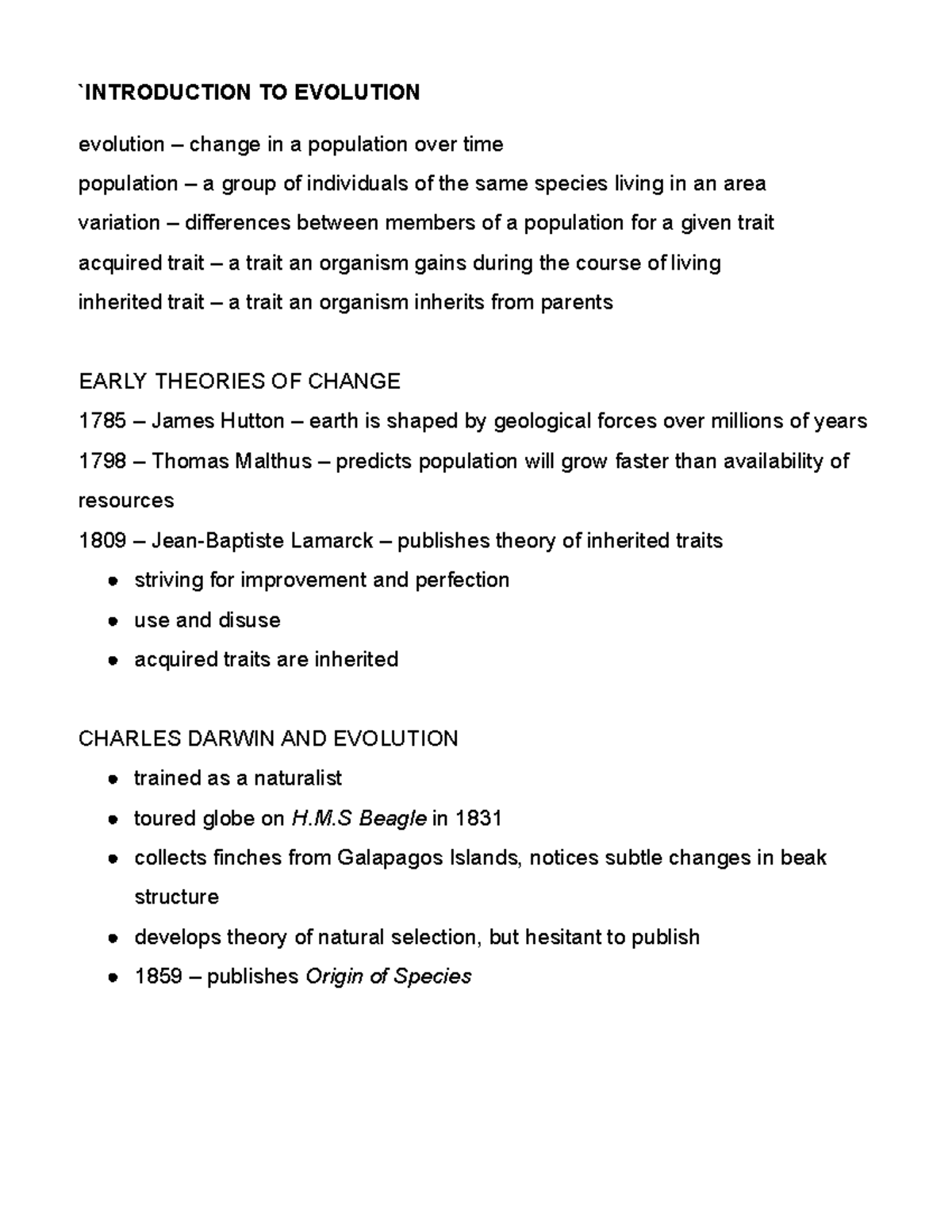 Introduction to Evolution Notes AP - `INTRODUCTION TO EVOLUTION ...