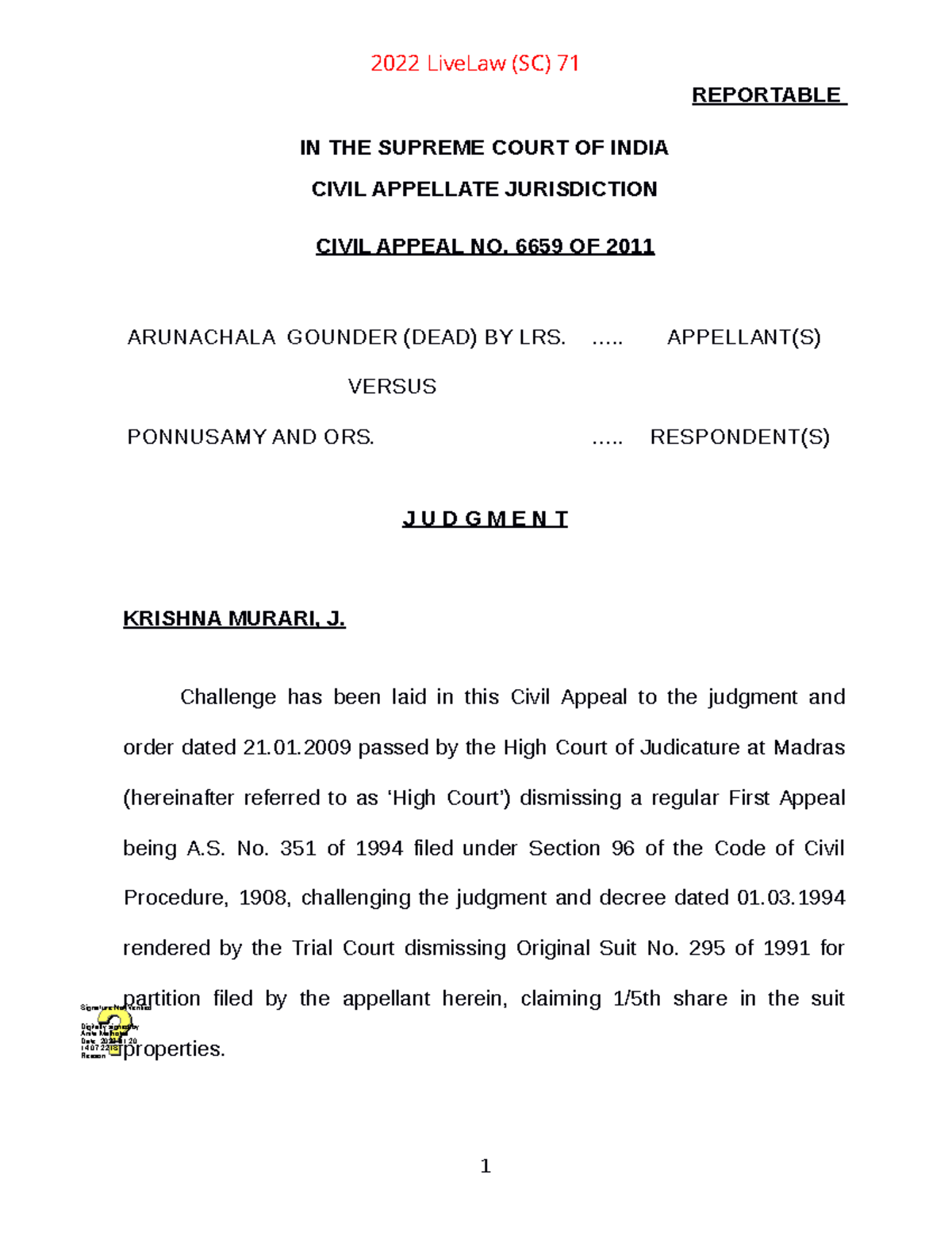 Arunachala gounder dead vs ponnusamy a 2022 livelaw sc 71 407962 ...