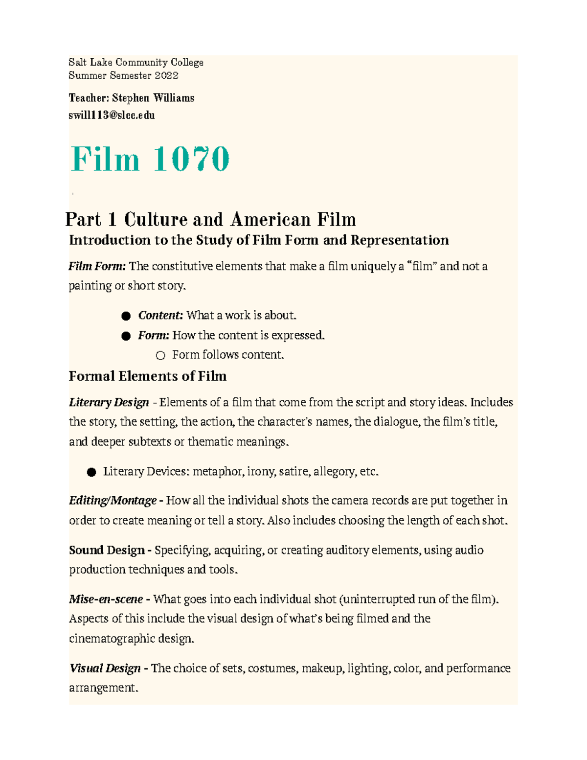 Film 1070 Notes - Salt Lake Community College Summer Semester 2022 ...