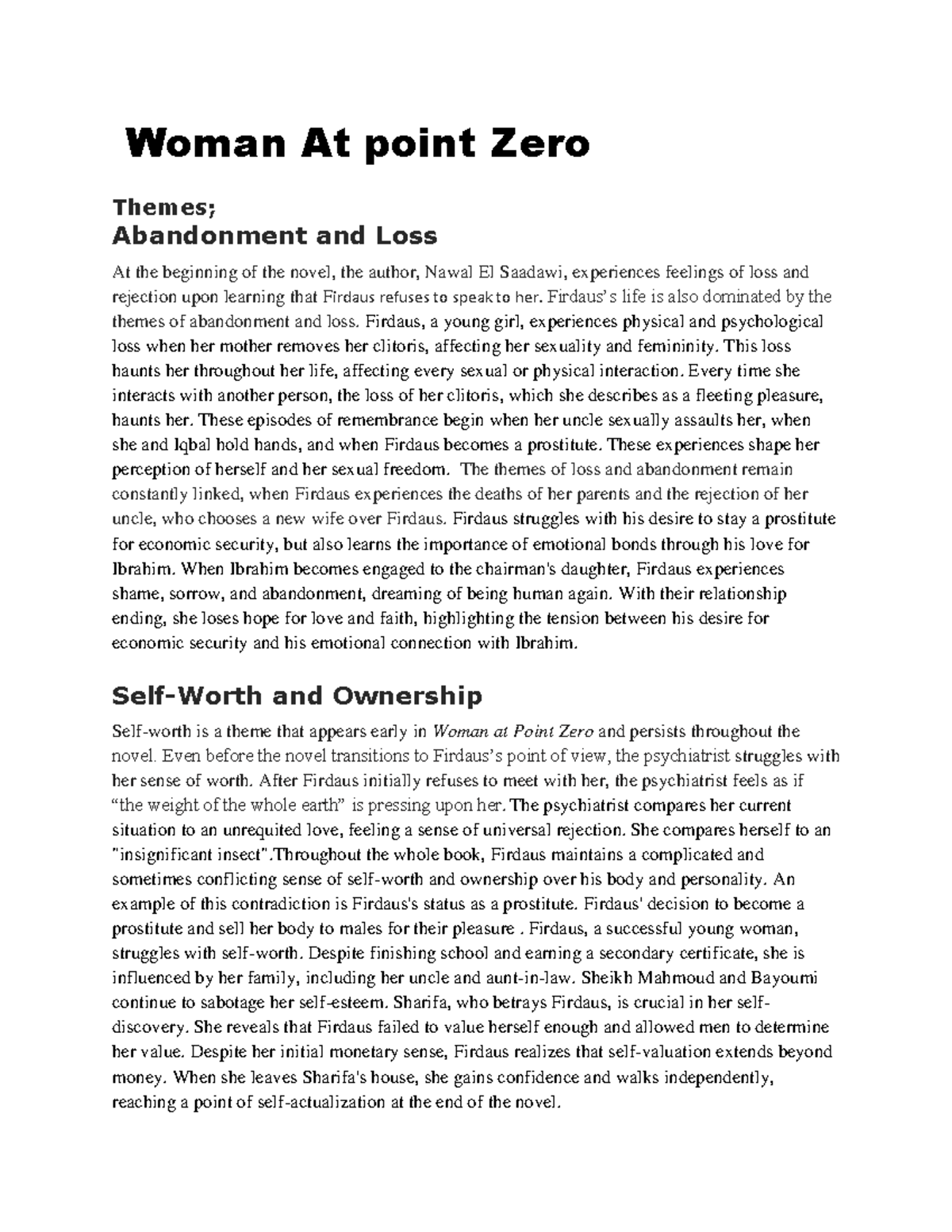 Woman At point Zero themes - Woman At point Zero Themes; Abandonment ...