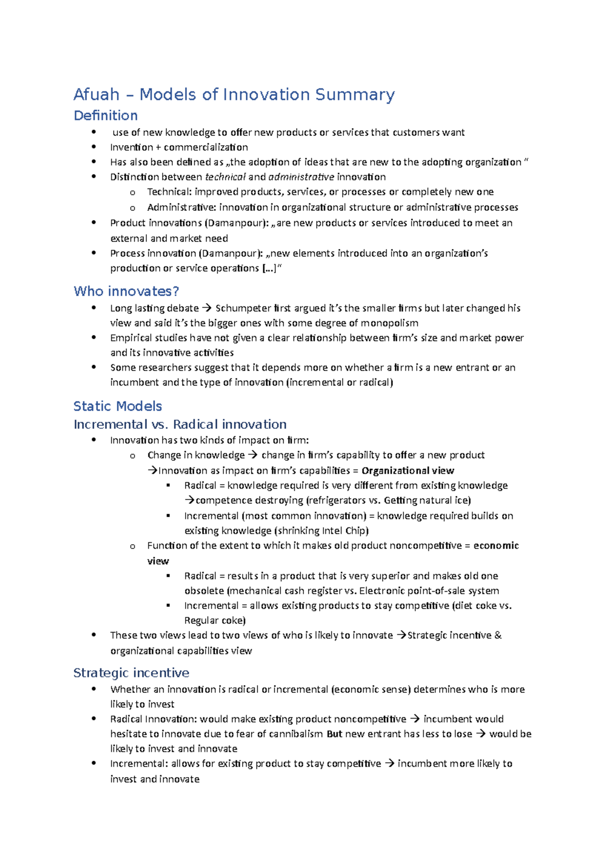 Models of Innovation - Summary - Afuah – Models of Innovation Summary Definition use of new ...