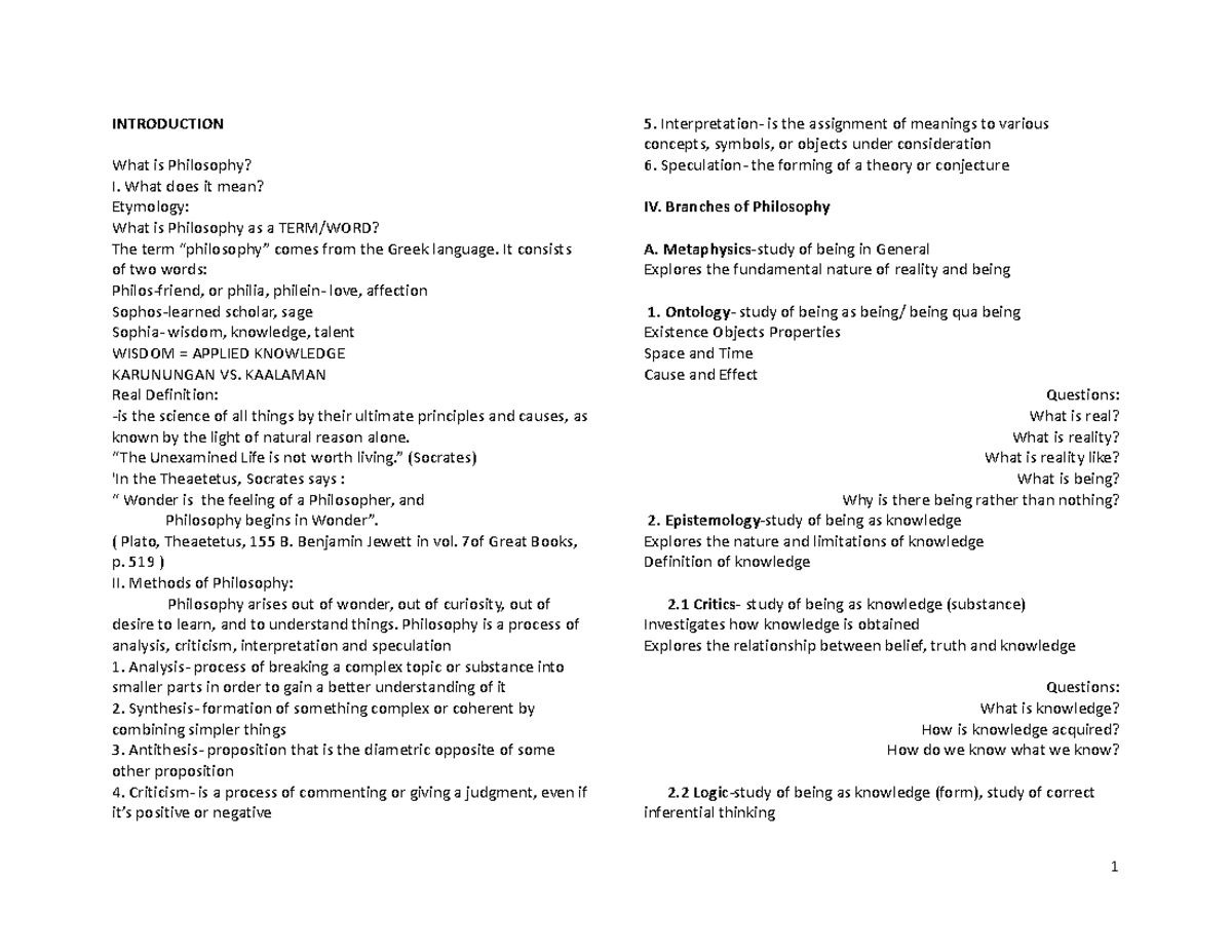 Logic and Critical Thinking - INTRODUCTION What is Philosophy? I. What ...