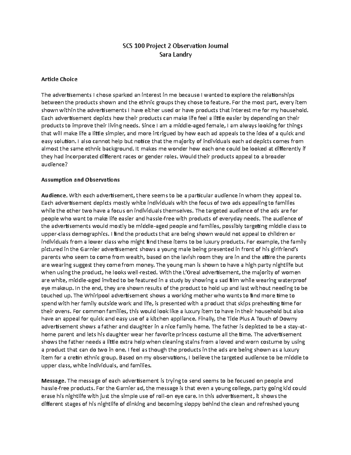 SCS 100 Project 2 Observation Journal - SCS 100 Project 2 Observation ...