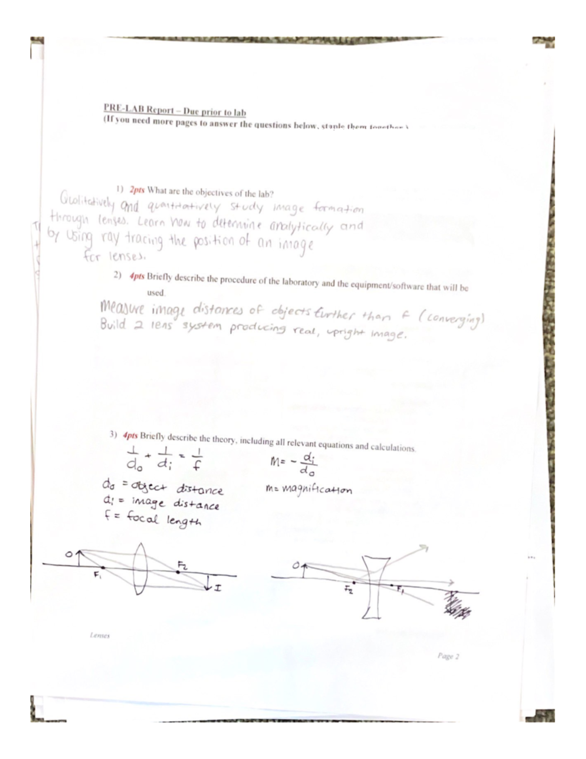 Physics 2 Lab #9 prelab - Report Due prior to lab (If you need more pages to answer the ...