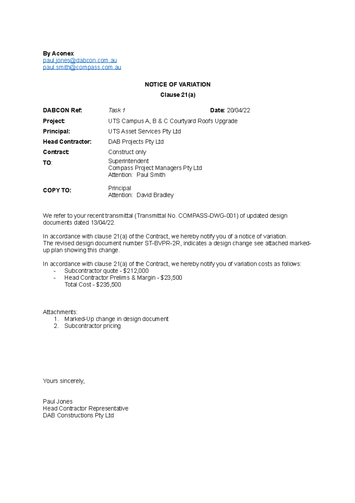 Task 1 - Figure 5 - Notice of Head Contract Variation Finished - By ...