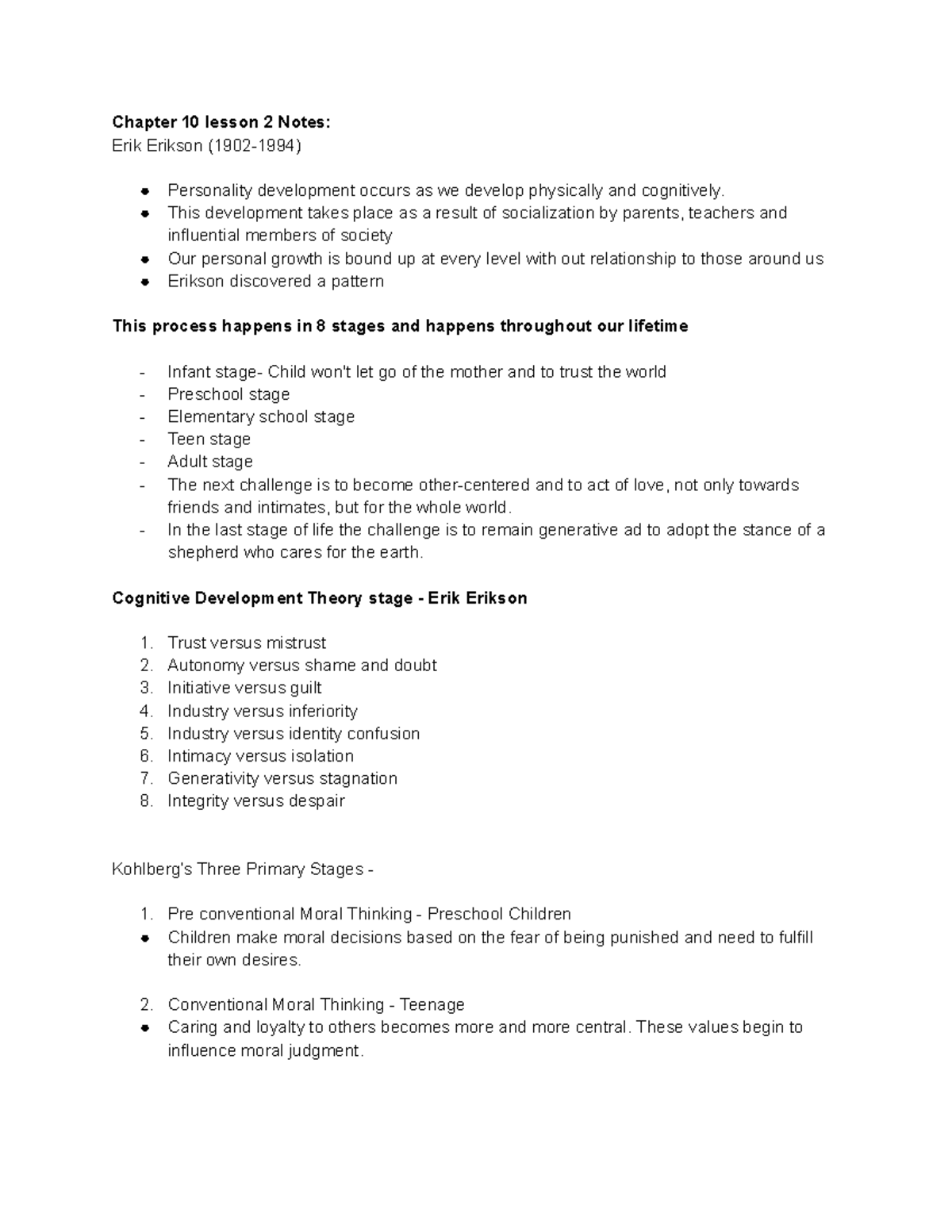 Chapter 10 lesson 2 Notes - Chapter 10 lesson 2 Notes: Erik Erikson ...