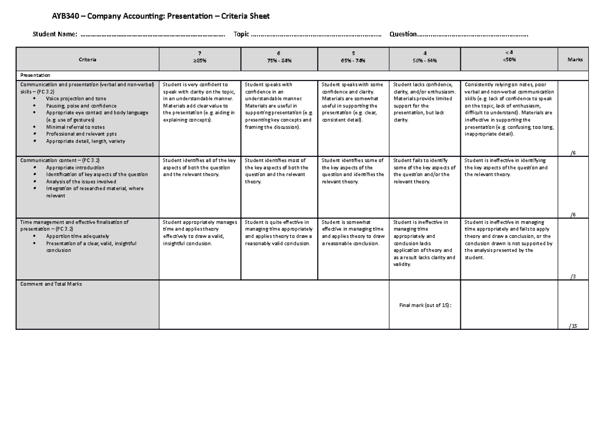Company Accounting (AYB340) - Marking Criteria (Presentation) - AYB340 ...