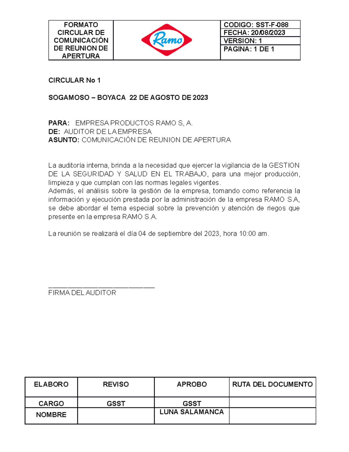 SST-F-088 Formato Circular DE Comunicación DE Reunion DE Apertura ...
