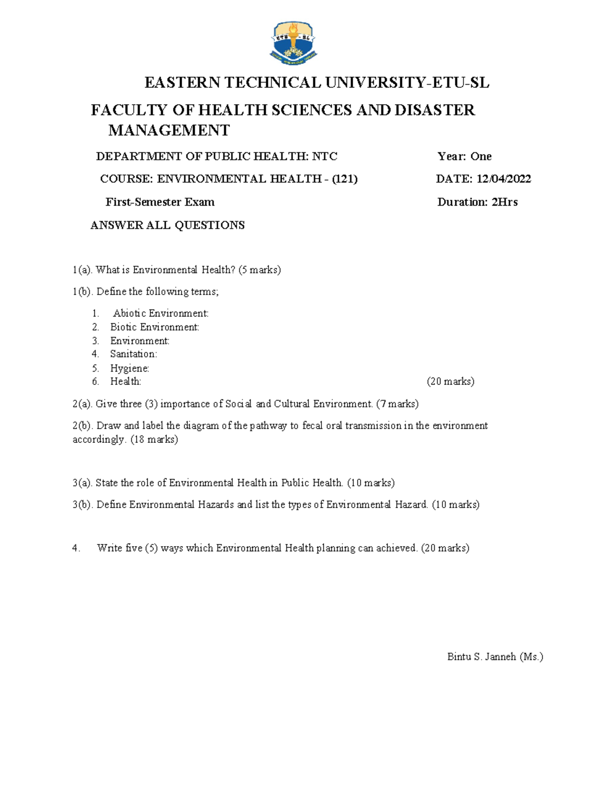 NTC-Environmental Health - EASTERN TECHNICAL UNIVERSITY-ETU-SL FACULTY ...