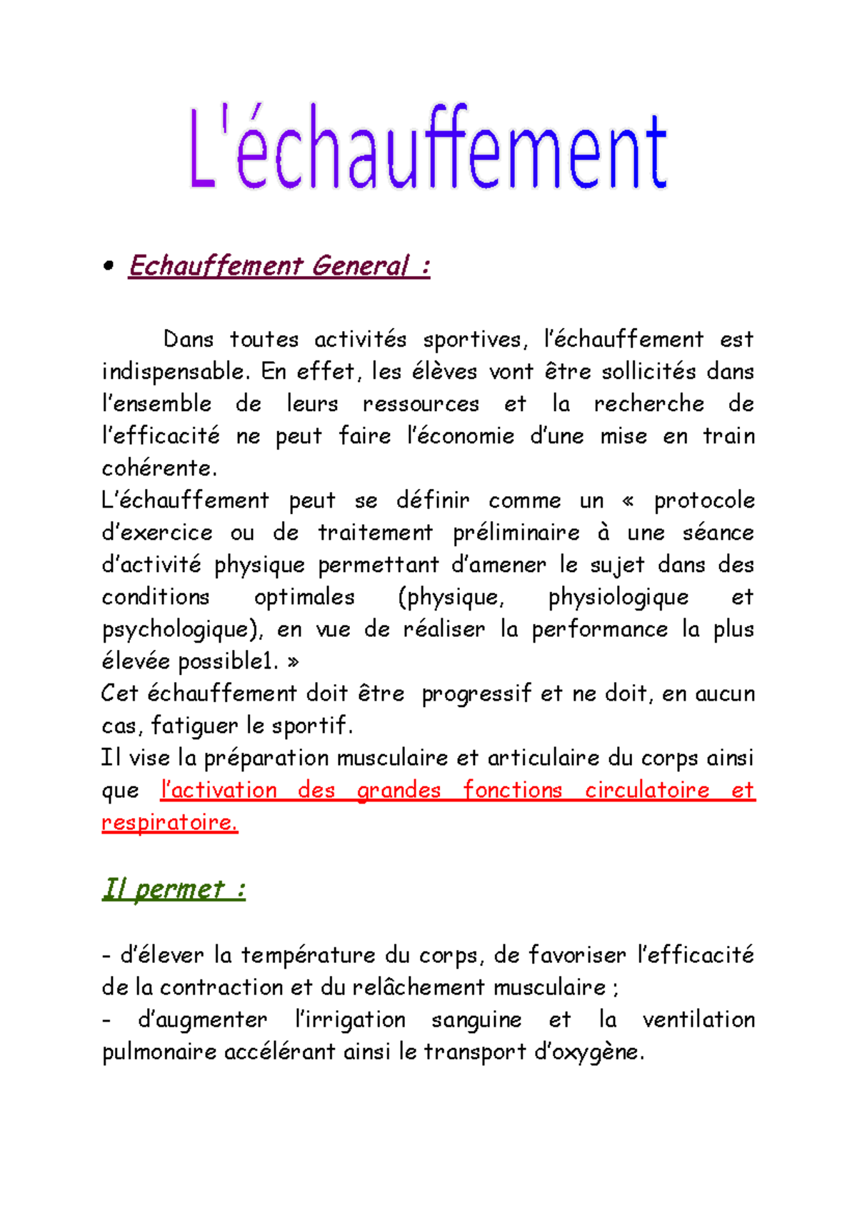 4 l'echauffement - COURS - Echauffement General : Dans toutes activités ...