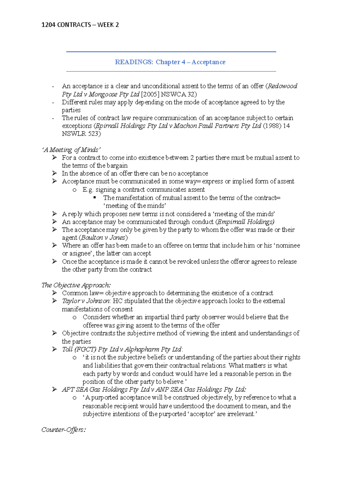 Contracts - week 2 - mmm - READINGS: Chapter 4 – Acceptance An acceptance is a clear and - Studocu