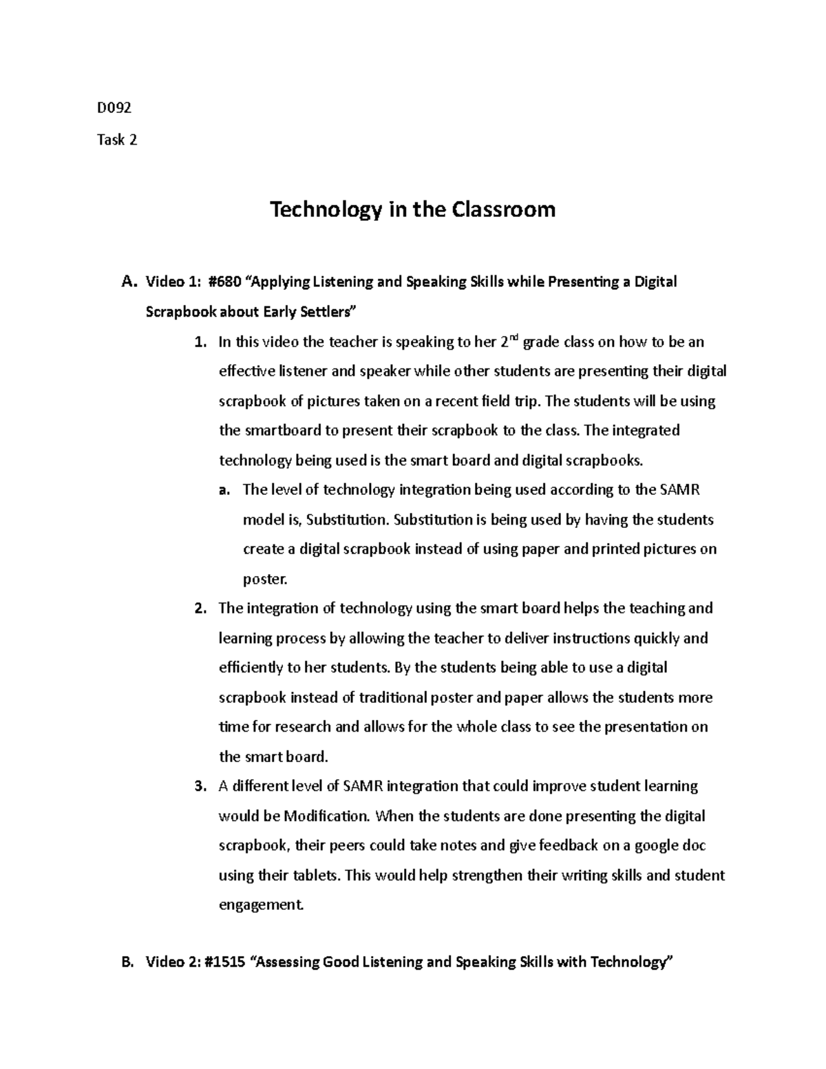 D092 Video Observation - D Task 2 Technology in the Classroom A. Video ...