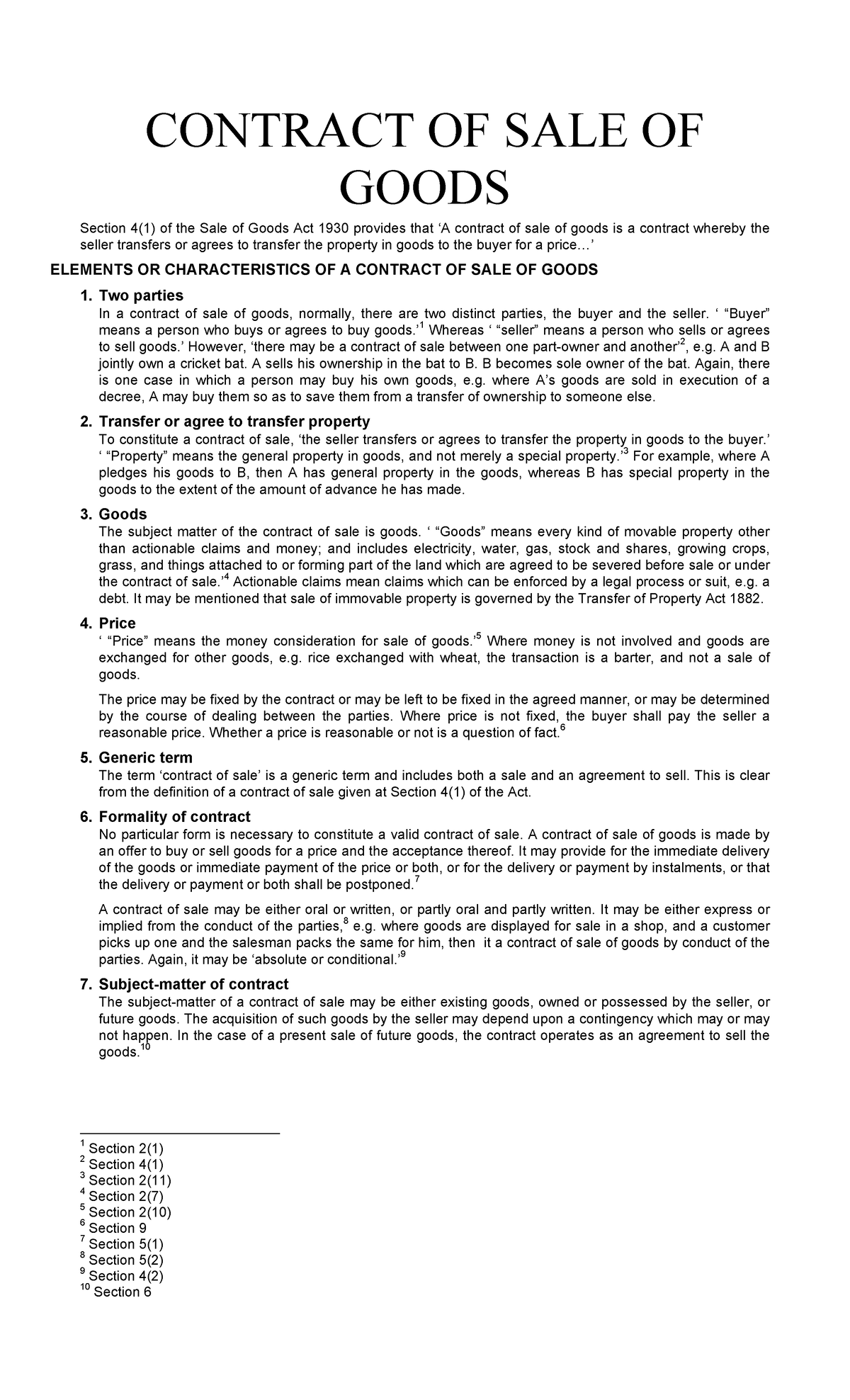 Sale of Goods - ..’ ELEMENTS OR CHARACTERISTICS OF A CONTRACT OF SALE ...