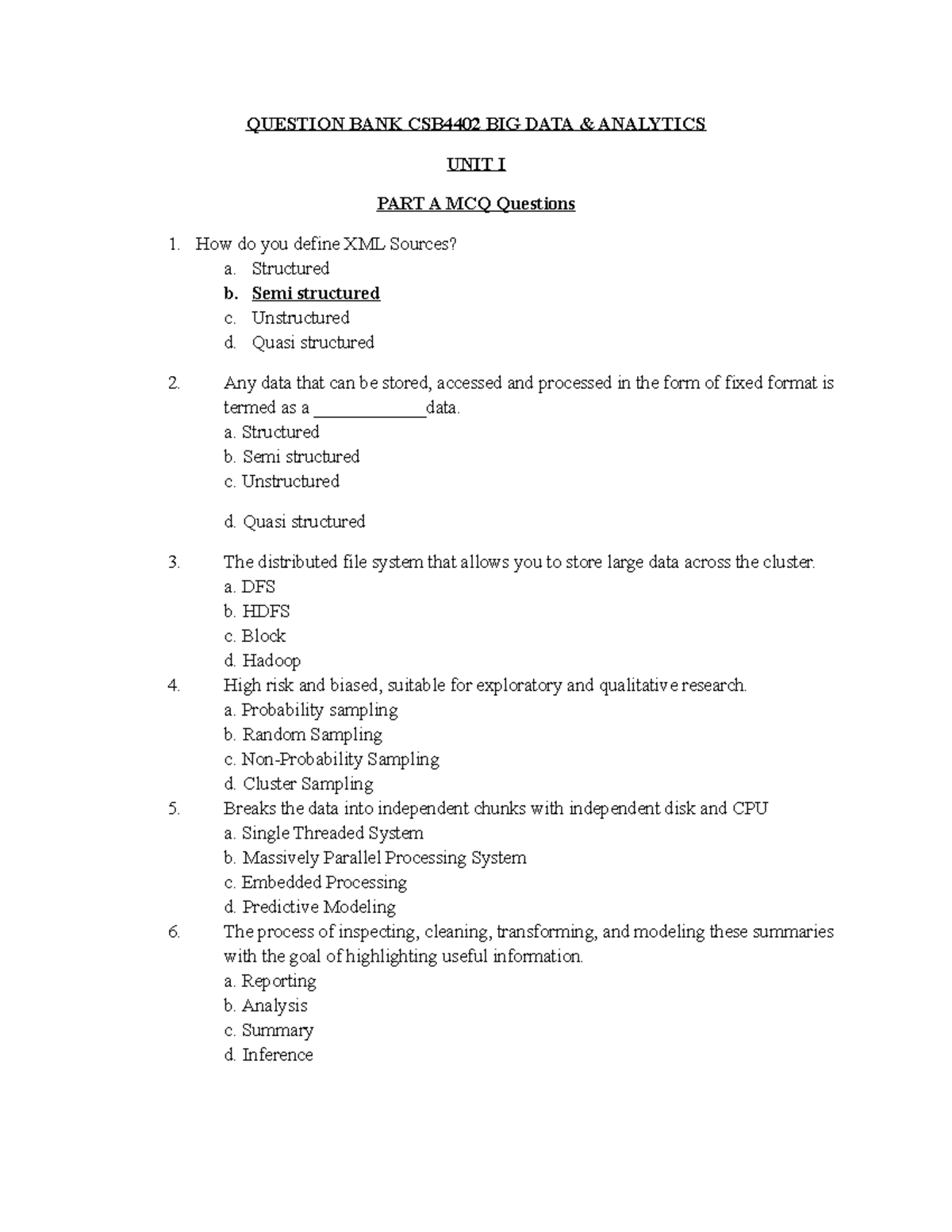 Big Data and Analytics - QUESTION BANK CSB4402 BIG DATA & ANALYTICS ...