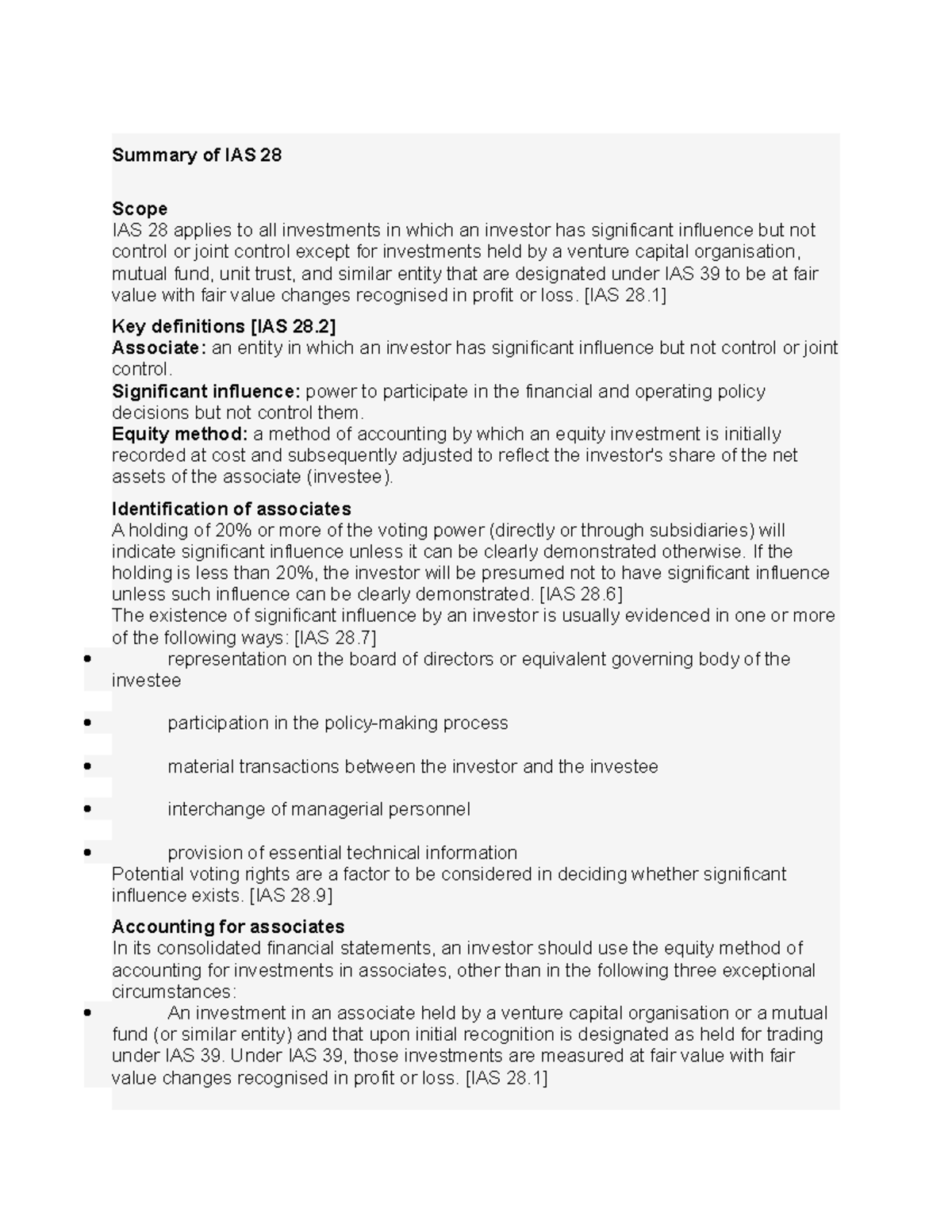 Summary of IAS 28 - [IAS 28] Key definitions [IAS 28] Associate: an ...