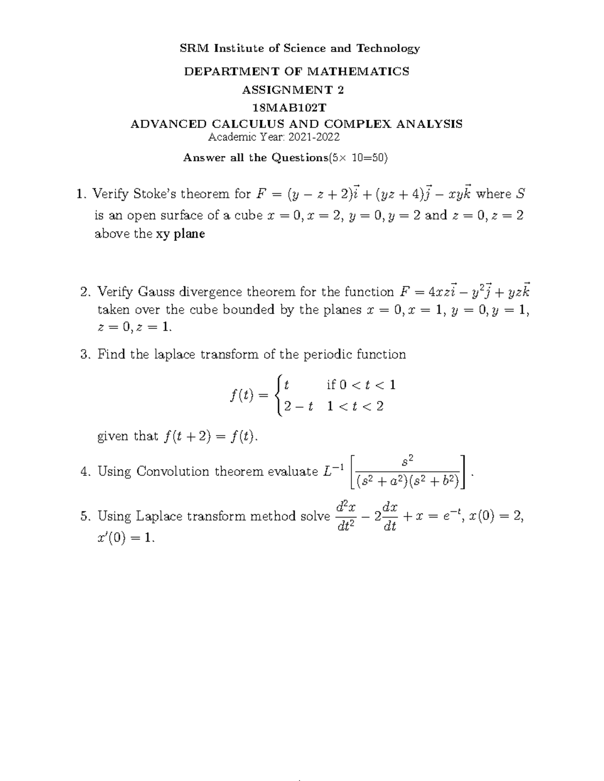Assignment-2 - VECTOR CALCULUS & LAPLACE TRANSFORM - SRM Institute of ... Assignment-2 - VECTOR CALCULUS & LAPLACE TRANSFORM - SRM Institute of ...
